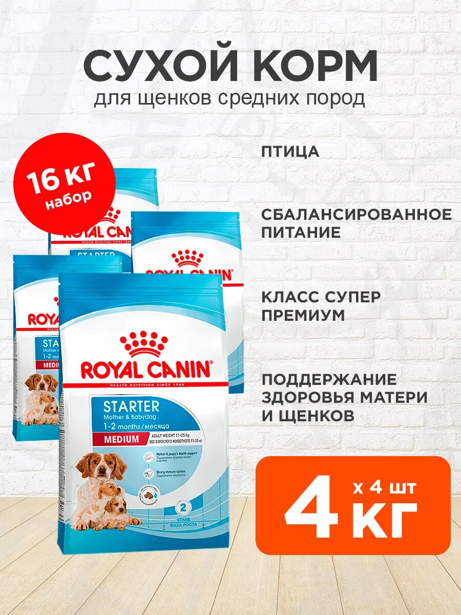 Корм сухой Royal Canin Medium Starter для щенков средних пород до 2 месяцев, беременных и кормящих сук, 4 кг x 4 шт