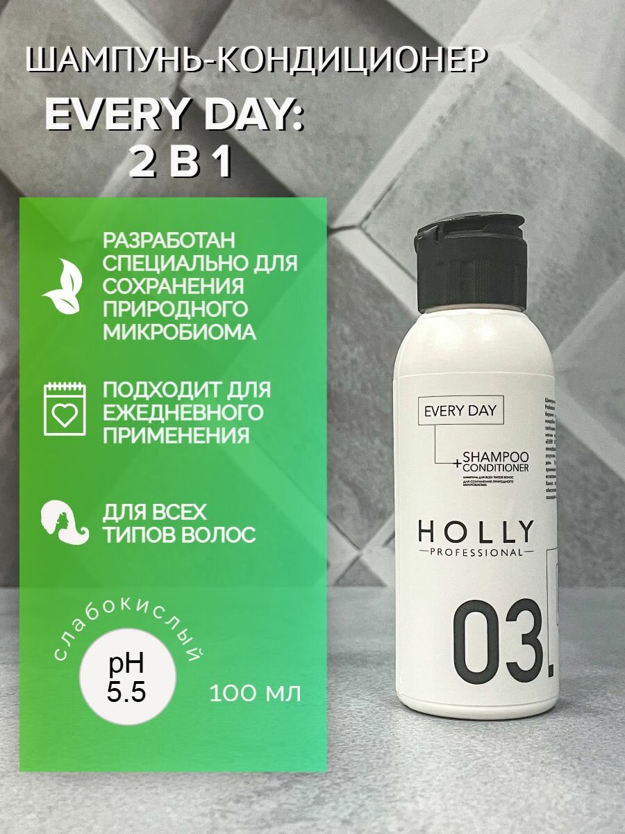 Шампунь-кондиционер 2 в 1 Holly Professional EVERY DAY, без пены, для ежедневного ухода, чувствительная кожа, 100 мл