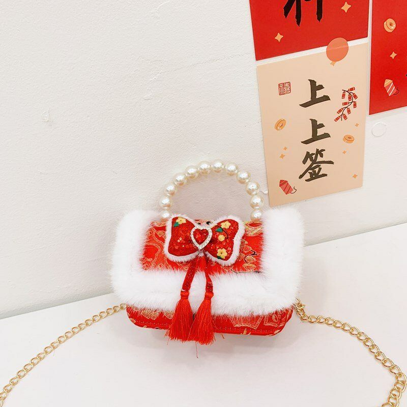 Детская сумка осень-зима Новый год красная праздничная сумочка в стиле маленького Шанель с шерстяными жемчужными аксессуарами сумка для девочки