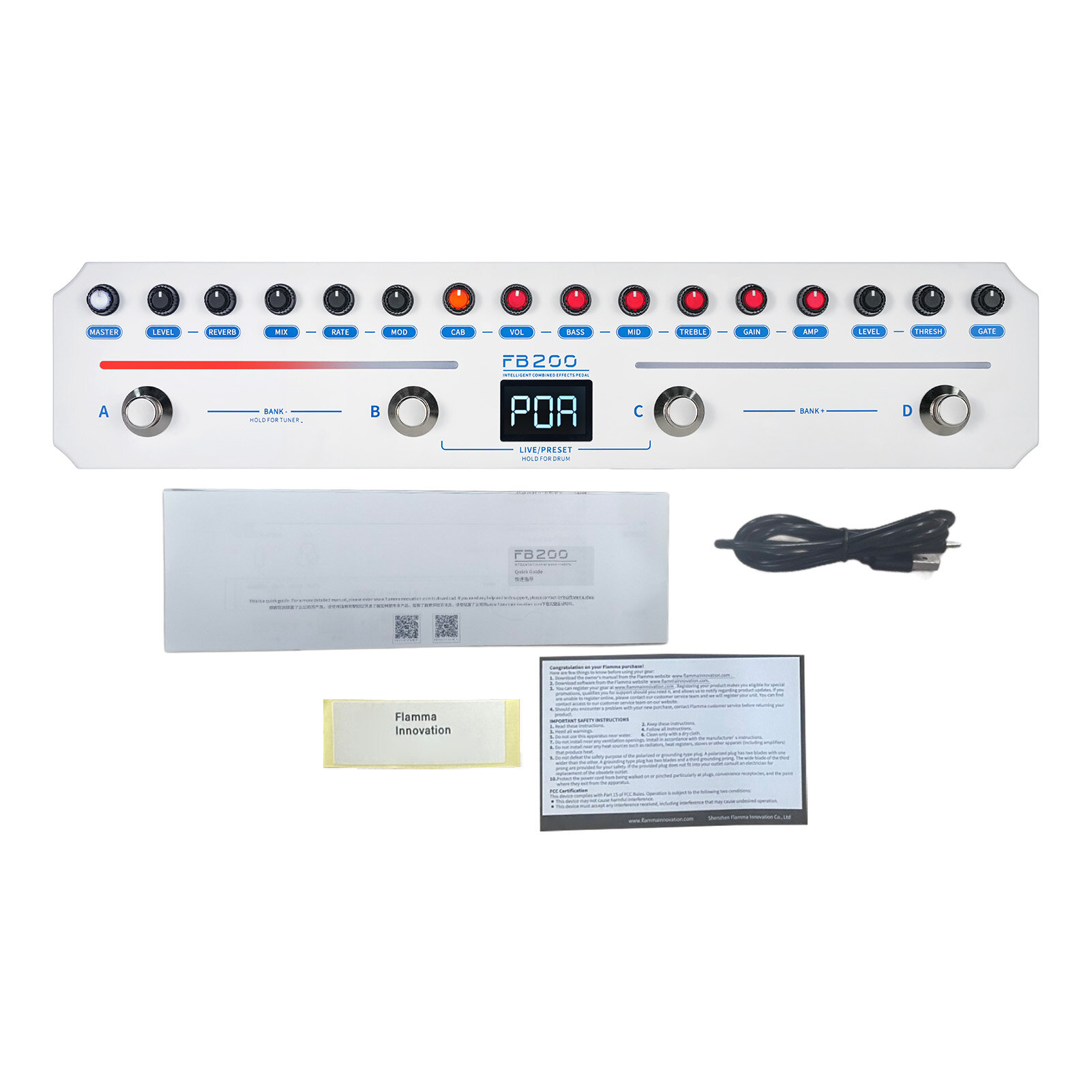 Педалборд FLAMMA Bass Multi-Effect Processor, 20 усилителей/кабинетов, модель 19, эффекты, функции OTG, совместимость с приложением, 3-символьный дисплей, перезаряжаемая батарея для гитары.