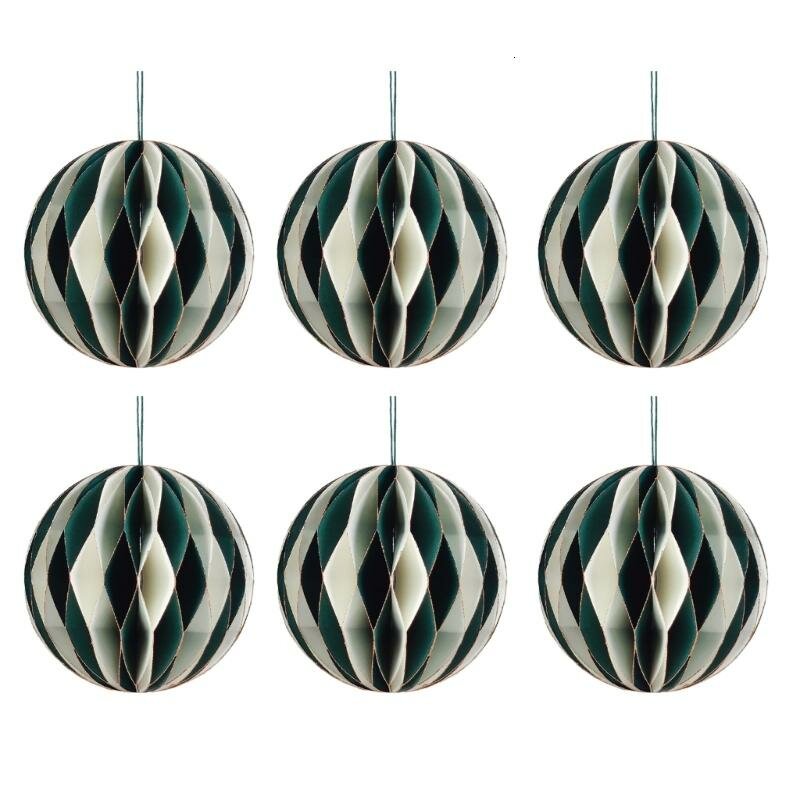 Новогодние шары-сферы из гофрированной бумаги, 6 шт, Зеленовато - белый