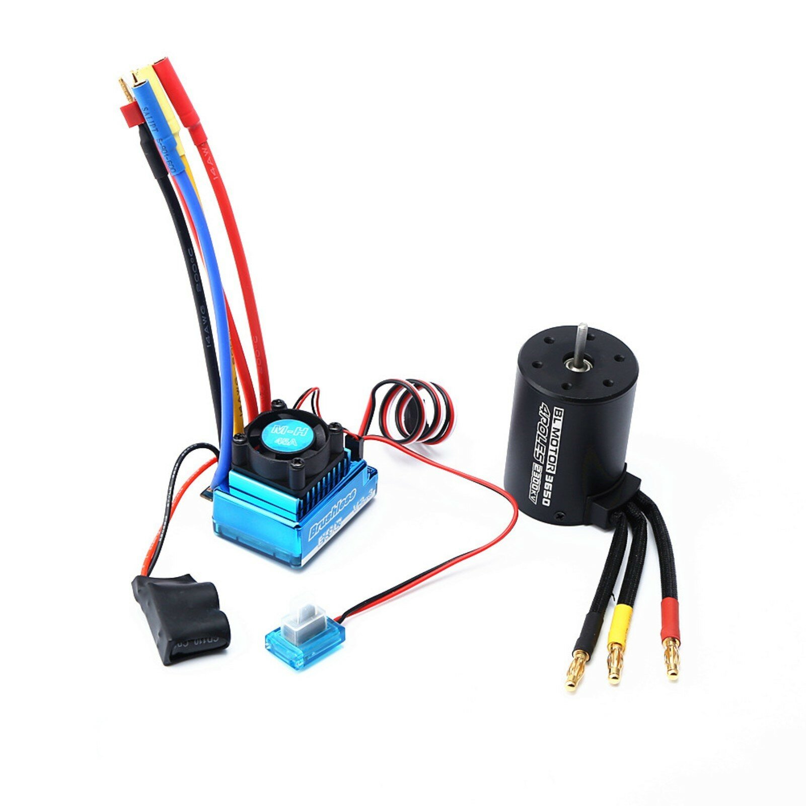 3650 2300KV Brushless Motor и 45A ESC Combo для замены в радиоуправляемых автомобилях и лодках HSP HPI Wltoys 1:8 / 1:10, 900W, 22V, 41A, 50000 RPM, 36x50mm, вал 15x3.175mm, 4mm золотые банановые разъемы, 2-3S Li-Po / 4-9S Ni-Mh Ni-Cd, BEC 5.8V/3A,