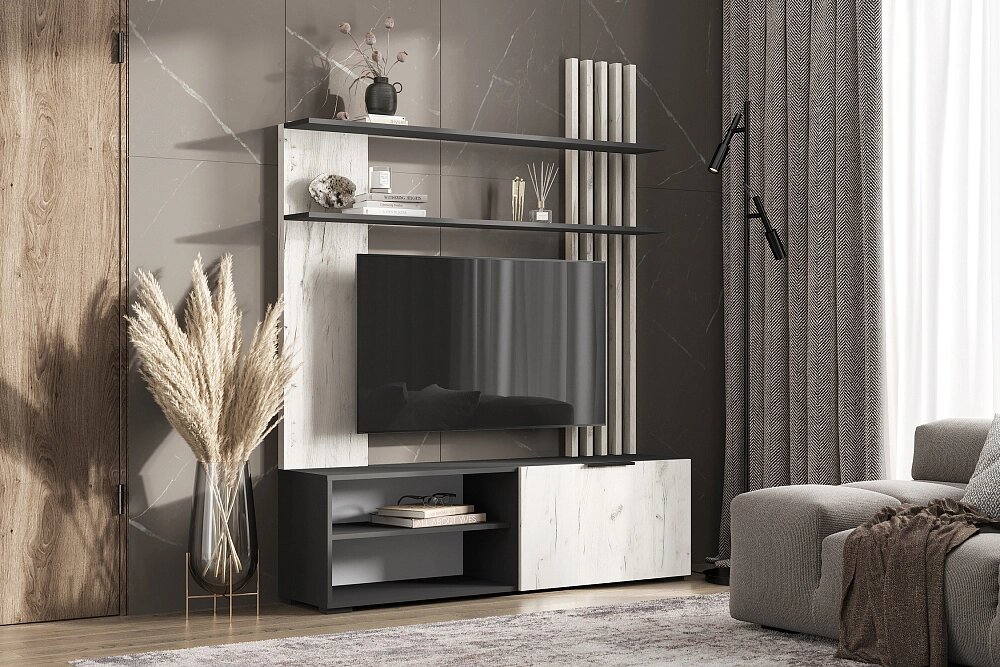Стенка в гостиную для телевизора ниша для ТВ 2 полки 1 шкафчик, Роджина, 140х181х35 см, Дуб крафт белый / Графит