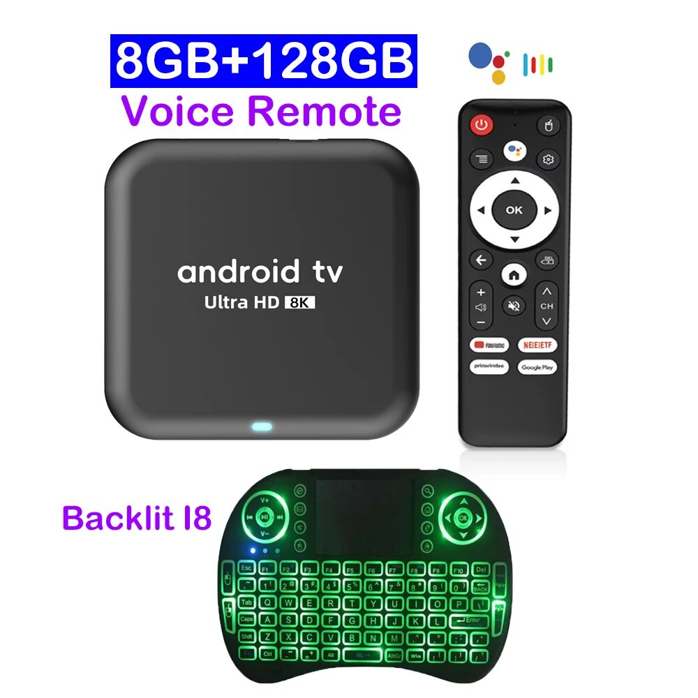 Android TV Box 8ГБ+128ГБ с голосовым пультом и клавиатурой Backlit I8