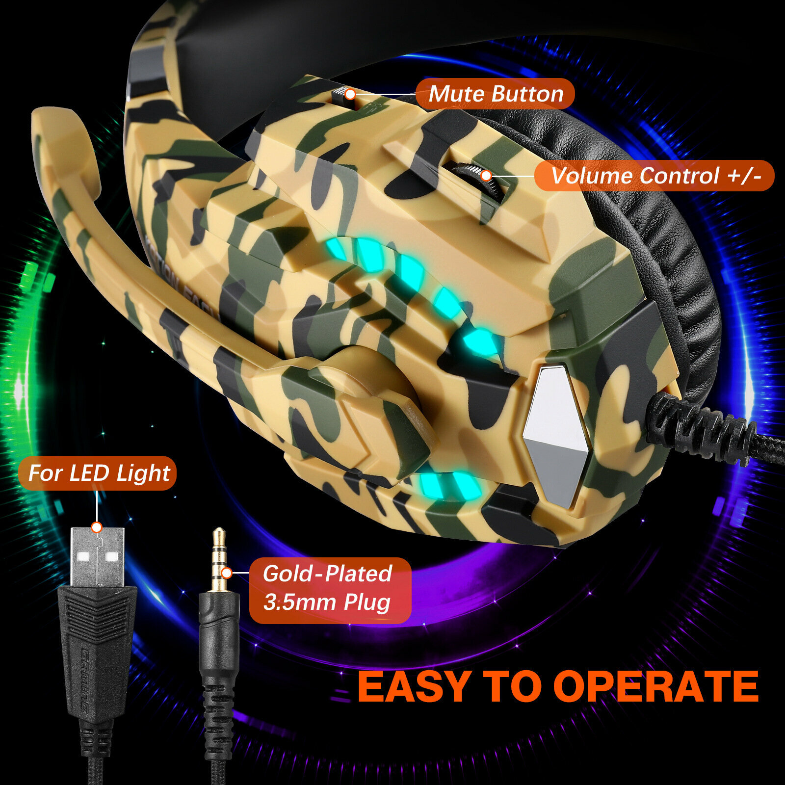 KOTION EACH G9000Pro наушники с 3.5 мм одинарным разъемом для ПК и смартфона, камуфляжный желтый