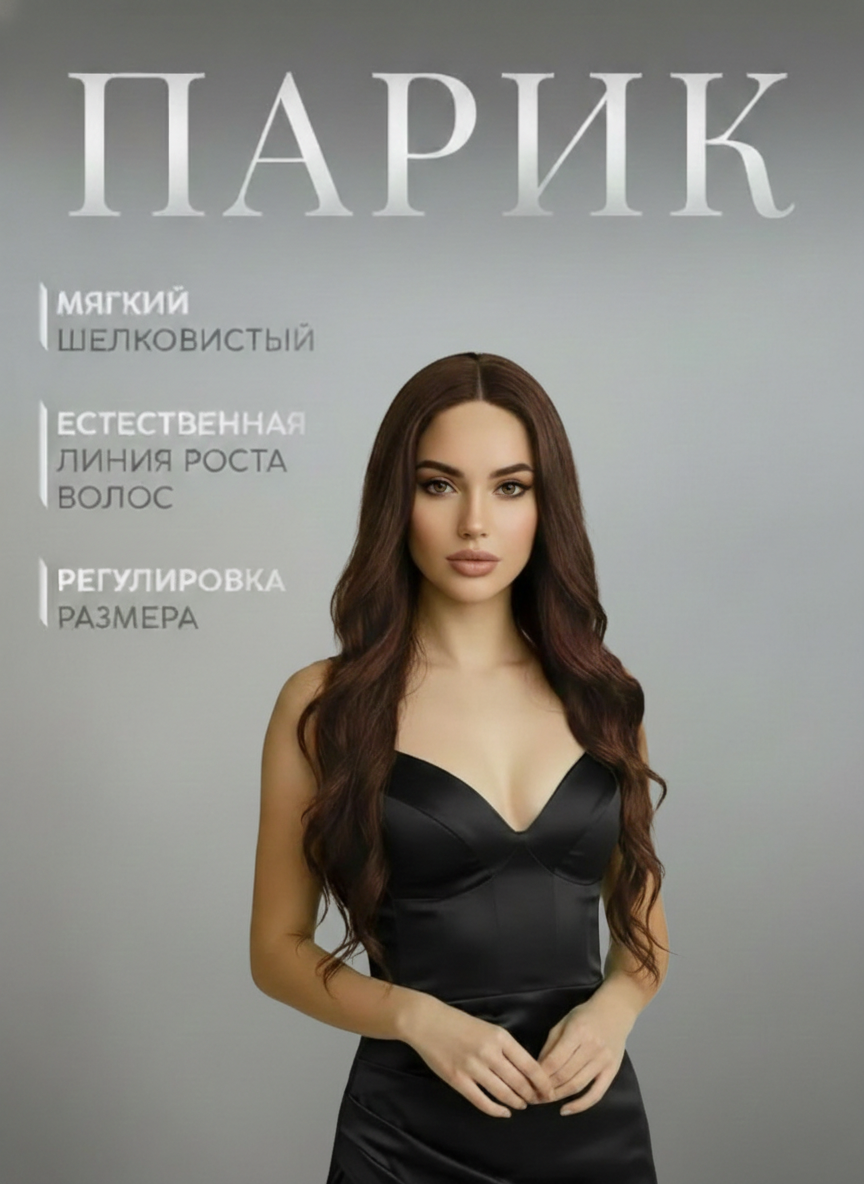 Женский парик, длинные волосы, без челки, каштановый цвет, 65 см