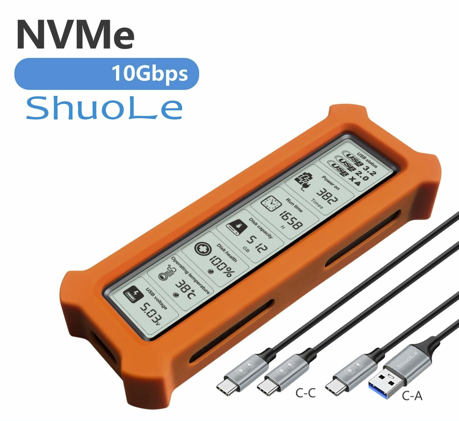 Корпус + оранжевый защитный чехол для SSD-накопителя ShuoLe M.2 NVMe, USB 3.2 Gen2 с индикационным дисплеем