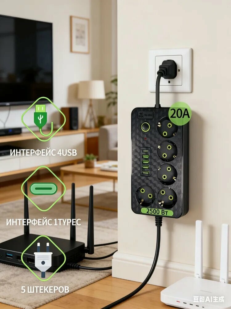 USB Розетка накладная 5-местная с заземлением наружная для открытой установки