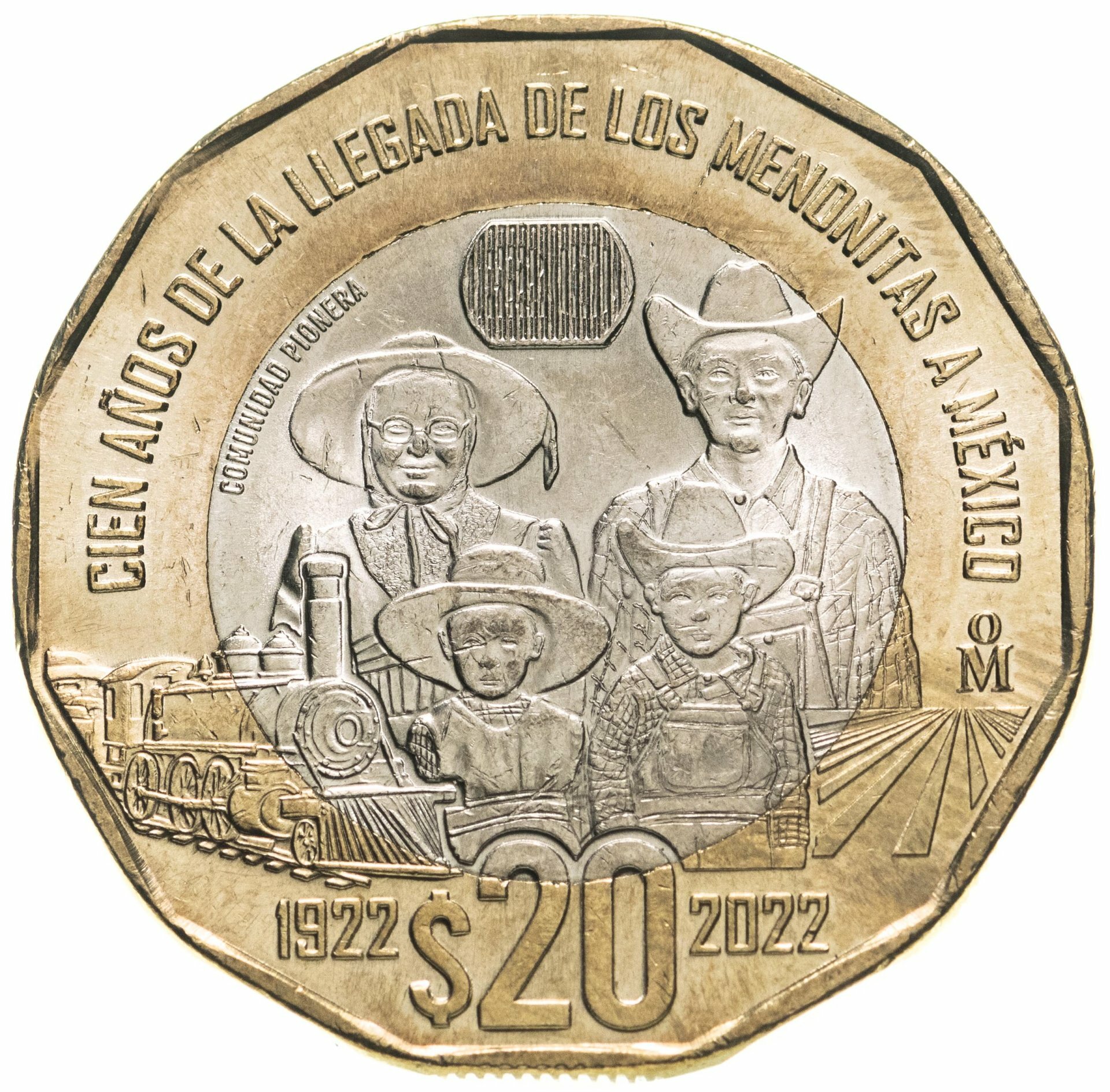 Мексика 20 песо pesos 2022 "100 лет прибытия меннонитов в Мексику Поезд", Биметалл, в сохранности UNC