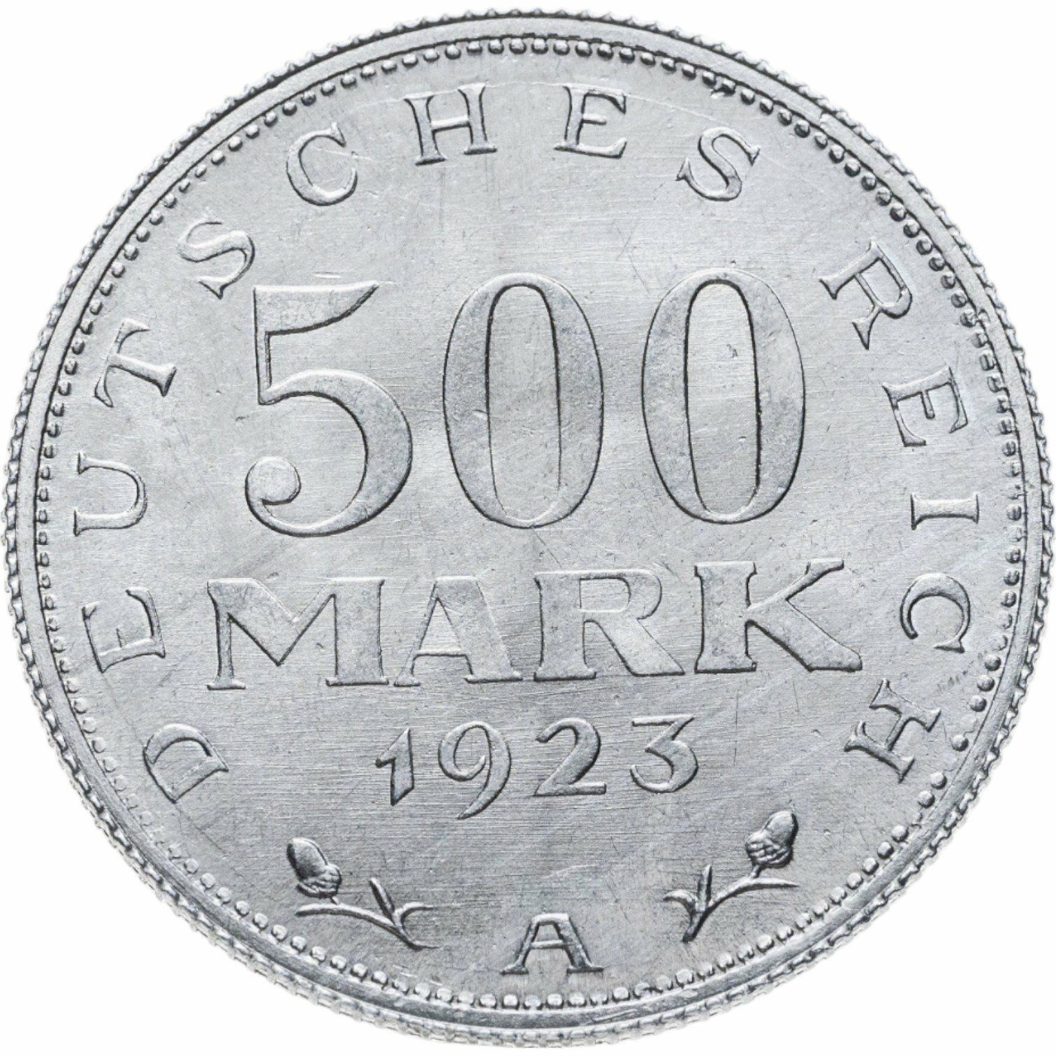 Германия 500 марок mark 1923, знак монетного двора "A" — Берлин, Алюминий, в сохранности UNC