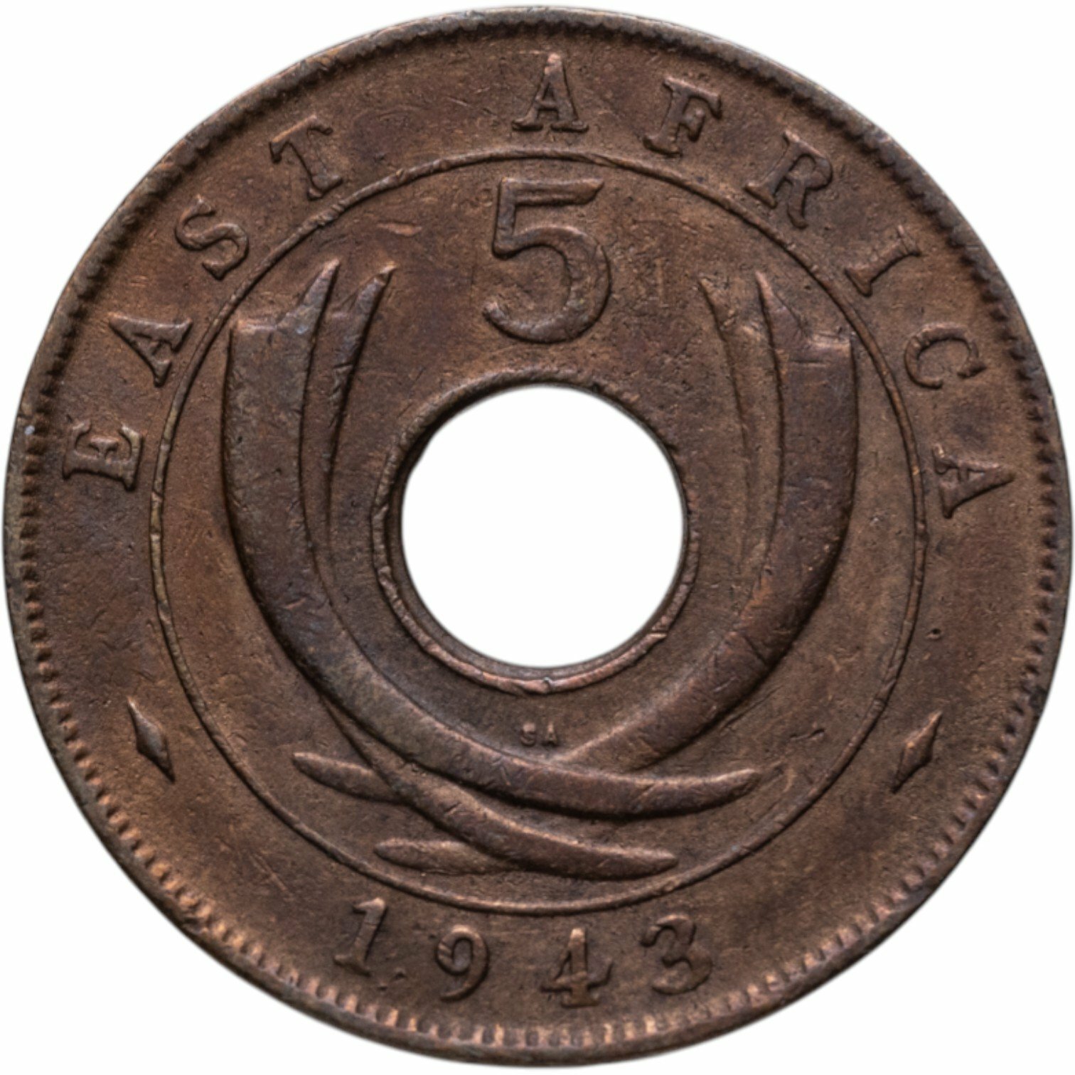 Британская Восточная Африка 5 центов cents 1943, Бронза, в сохранности VF-XF
