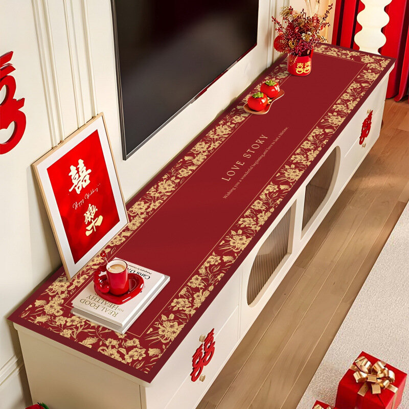 Свадебный ТВ-шкаф Скатерть Красная Праздничная Двойное Счастье Персонаж Обувной Шкаф Столешница Кожаный Защитный Коврик Буфет Длинный Скатерть