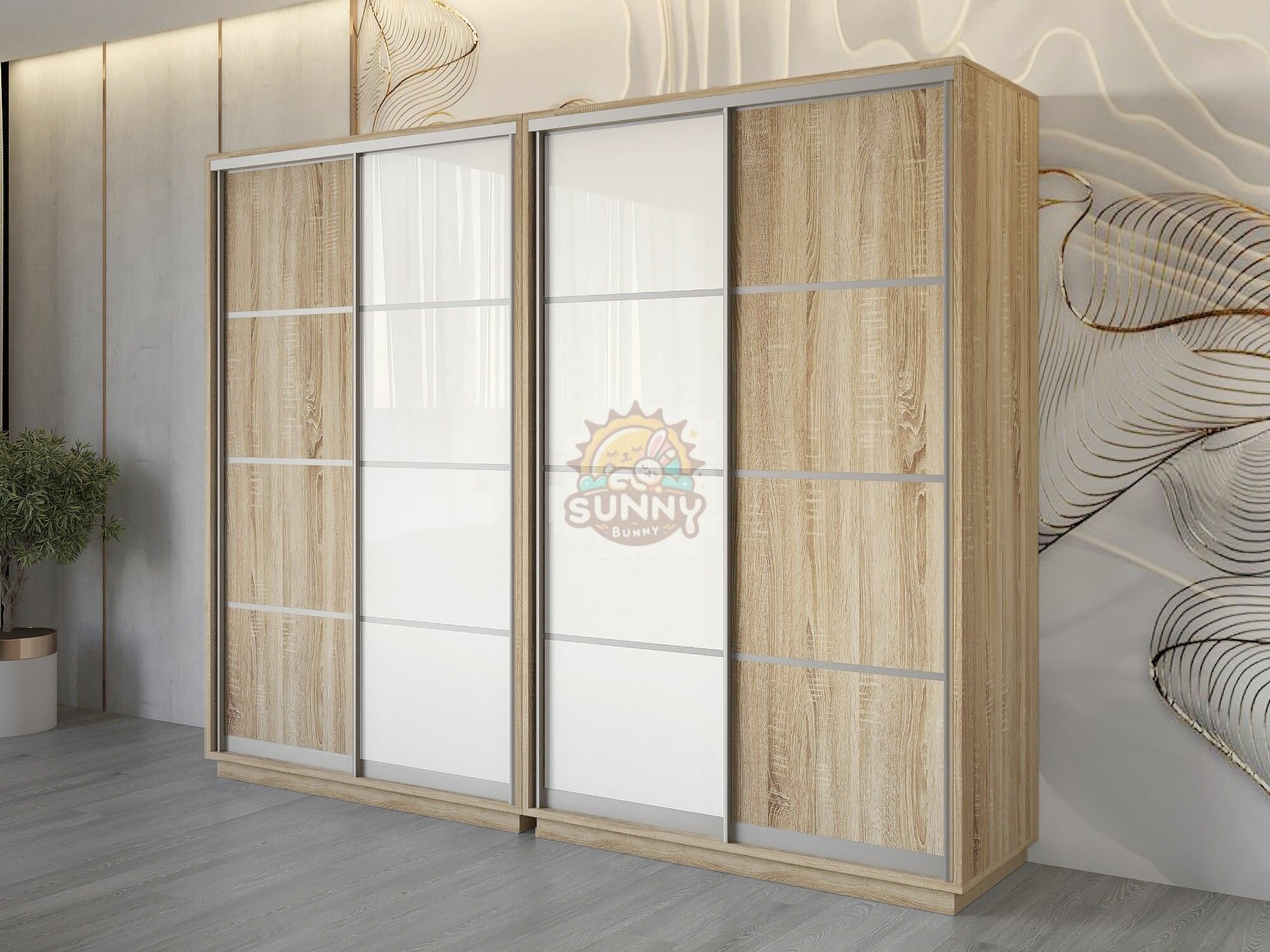 Шкаф-купе Флорида 4дв. (2+2) ЛДСП 2/Стекло белое 2, профиль серебро, 280х60х220 см. Сонома