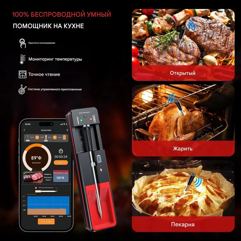 Кулинарный термометр беспроводной интеллектуальный для мяса с Bluetooth и управлением через приложение, разноцветный — фото 1