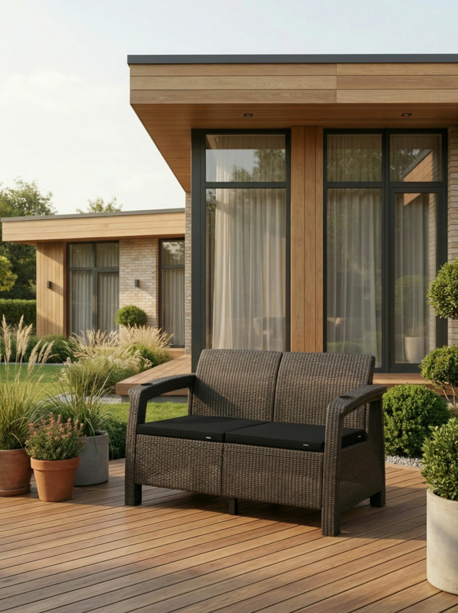 Диван садовый Ротанг, 2-х местный, 127х70х79 см, мокко (подушки черного цвета)