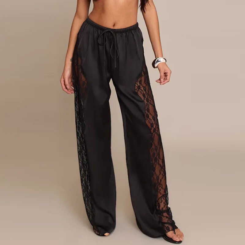 Сексуальные атласные брюки женские свободного кроя с эластичным поясом, на шнуровке, с кружевными вставками, полупрозрачные, женские, весна 2026, шикарные, однотонные, уличный стиль