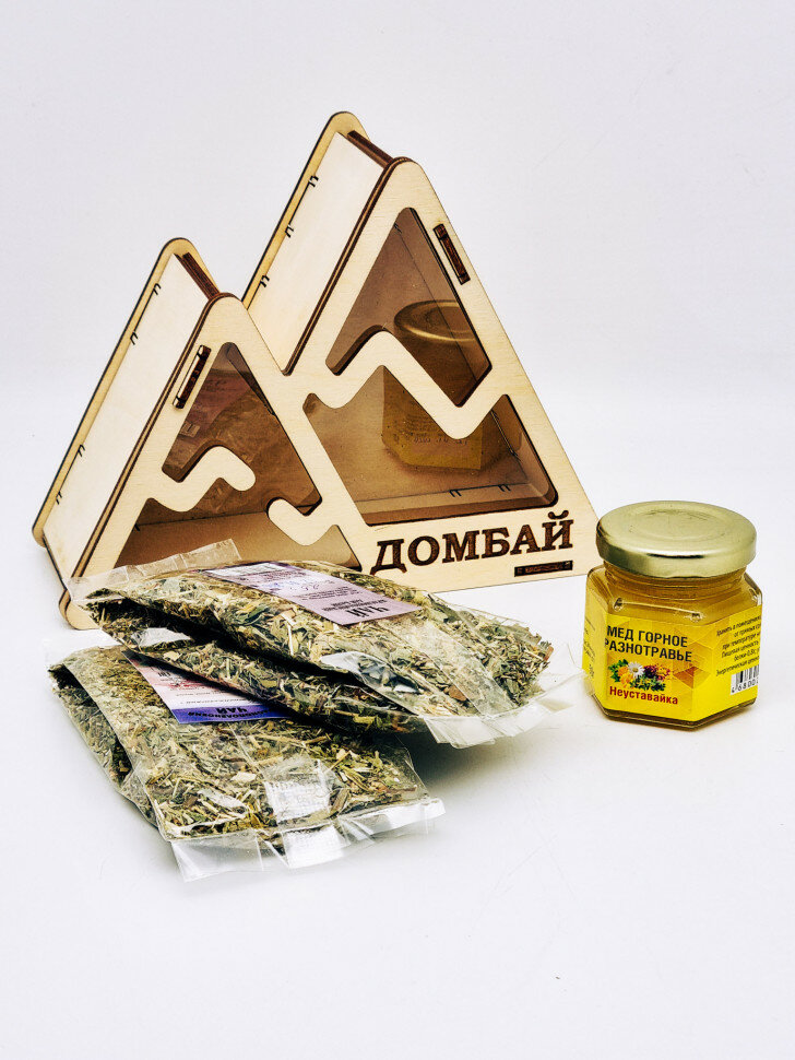 Набор Горы Краснополянский чай "для сауны и бани" 40гр и "Перевальный" 40гр +мед 50гр Домбай