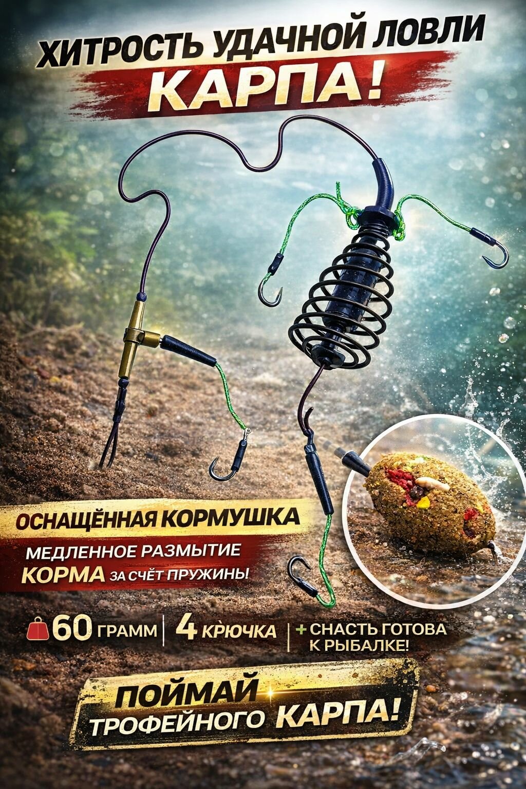 Фидерный монтаж "Карп Стандарт" кормушка оснащенная 60 грамм, фидерная снасть, ловля карпа и сазана