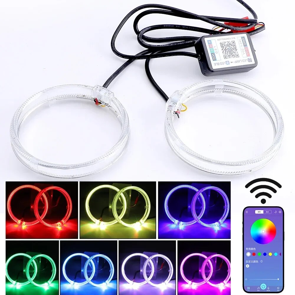 2 шт. 2,5/3 дюйма RGB ангельские глазки Halo кольца для фар акриловые 2PCS 95mm(3inch), RGB APP