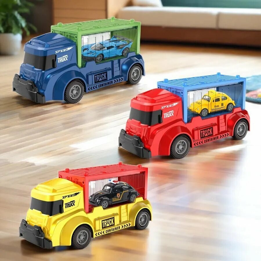 Инерционный грузовик‑контейнеровоз с прицепом, детская машина‑трейлер, контейнер с прозрачными стенками, жёлтый