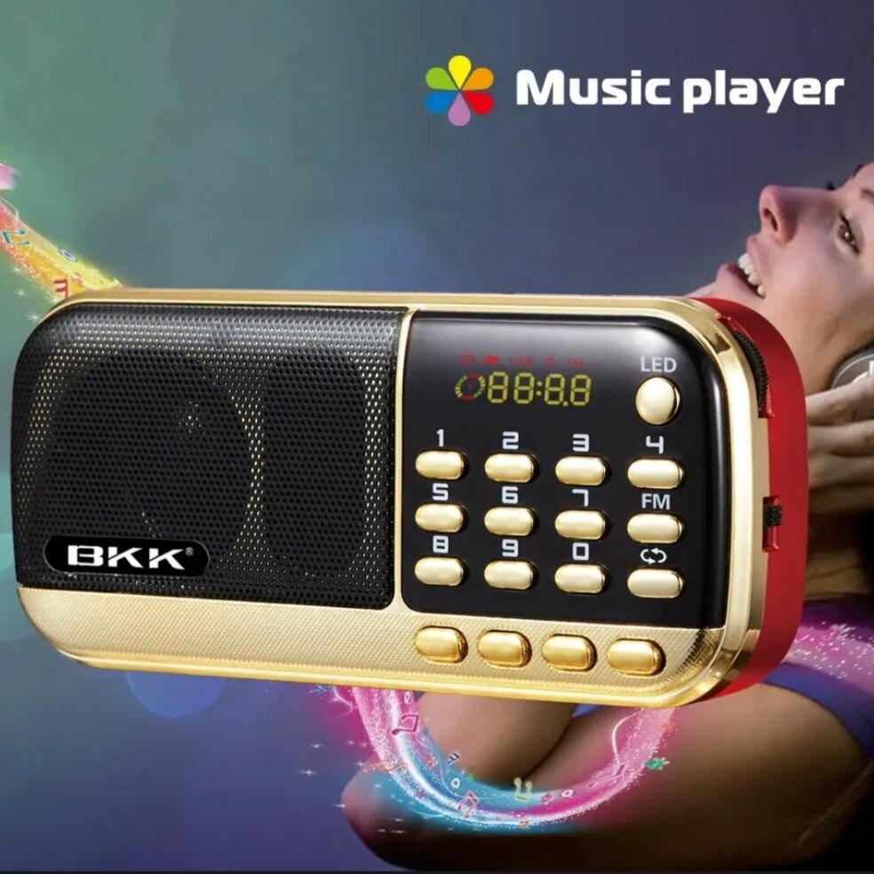 Радиоприемник BKK-B836S (microSD, USB, mini-USB/TF/FM, AUX) / Светодиодный Фонарик / 2 качественных аккумулятора по 2200мА/ч