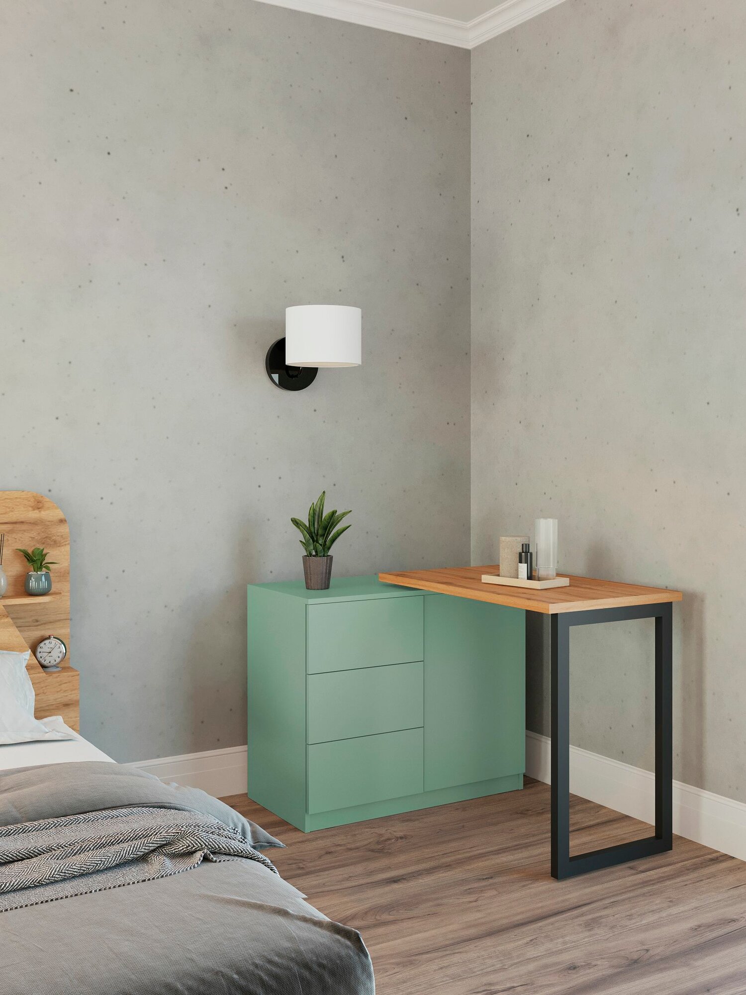 Комод. Стол угловой письменный трансформер 92х50х77 см, Дуб Вотан, Зеленый Эвкалипт. Столешница 25 мм.