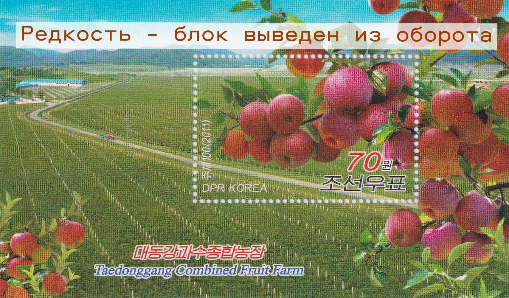 Почтовые марки Северная Корея 2011г. "Комбинированная фруктовая ферма Тэдонган. Редкость - блок выведен из оборота" Фрукты, Сельское хозяйство MNH
