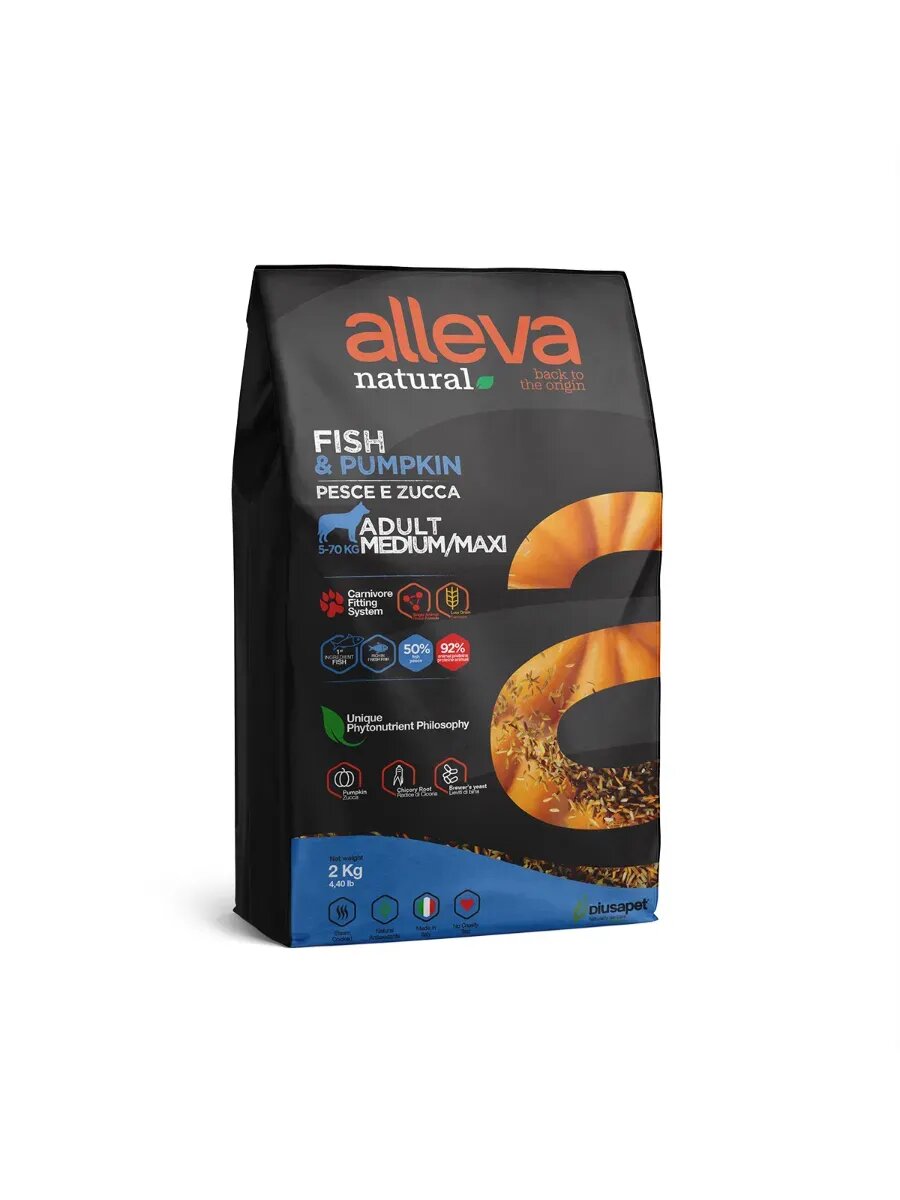 Корм сухой Alleva Natural Adult Dog Medium/Maxi Fish & Pumpkin низкозерновой для взрослых собак средних и крупных пород, рыба, тыква, 2 кг