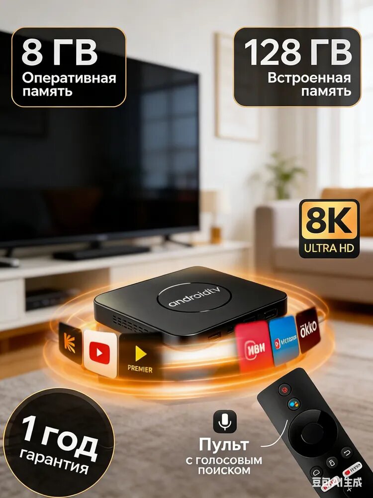 Android ТВ-приставка 8/128 ГБ максимум памяти для 4K и игр. Медиаплеер с Wi-Fi, поддержкой цифрового ТВ и голосовым пультом. Полный контроль над контентом.