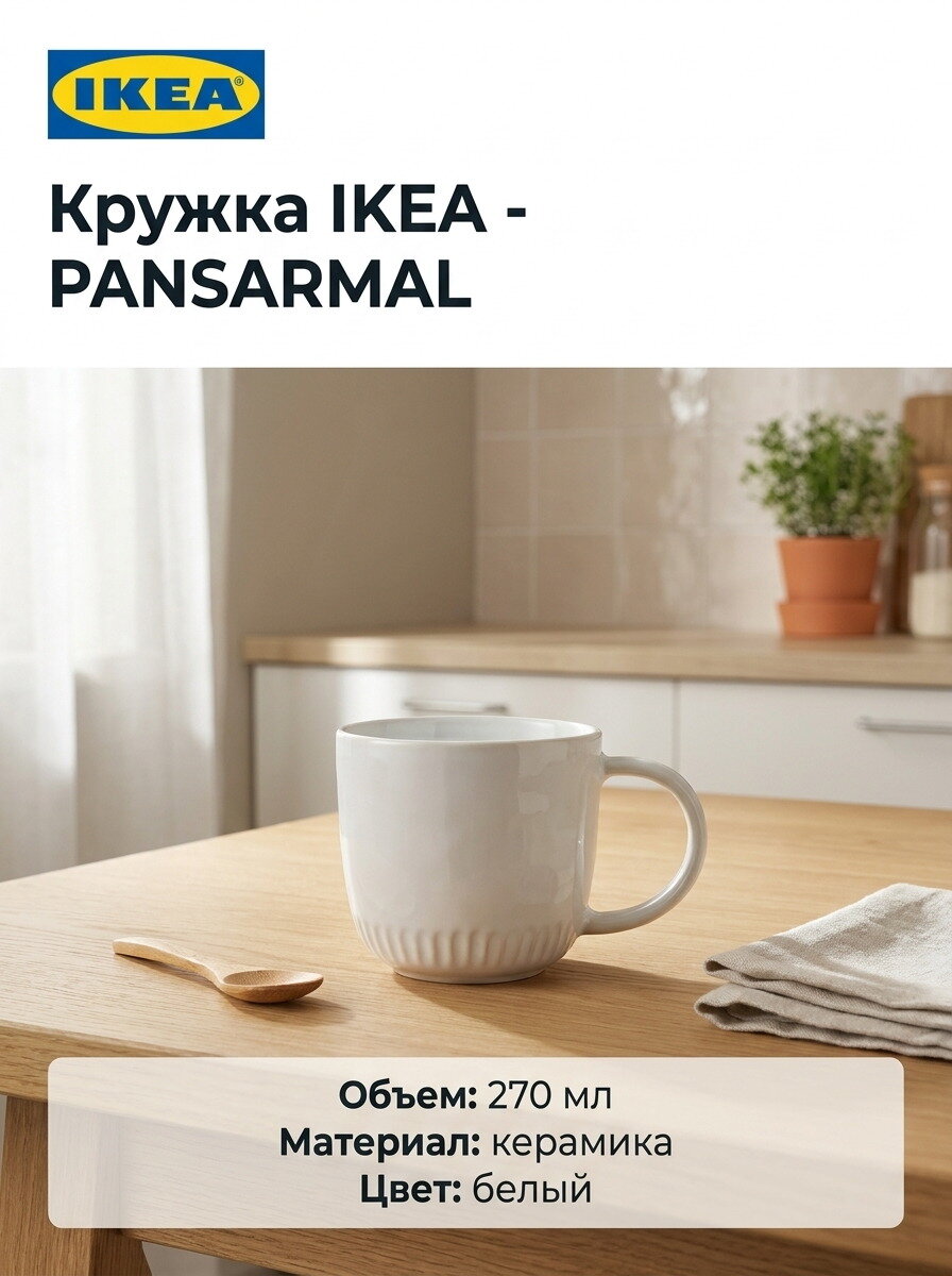 Кружка IKEA - PANSARMAL, белая, керамика, 270 мл, 1 шт