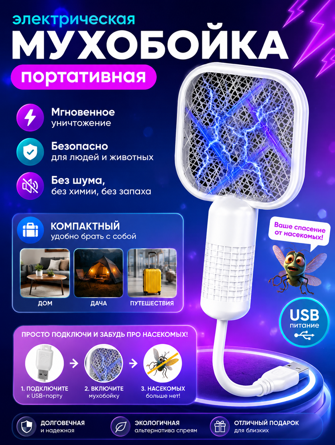 Электрическая мухобойка для уничтожения комаров, мух и других летающих насекомых, белая