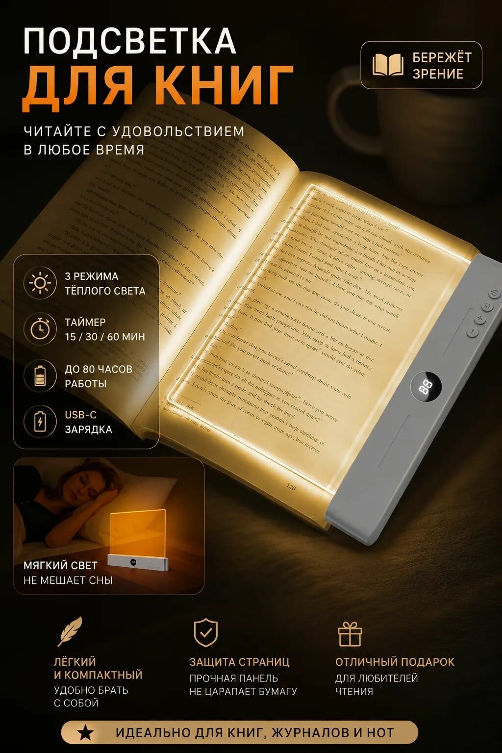 LED лампа для чтения книг портативная ночник подсветка