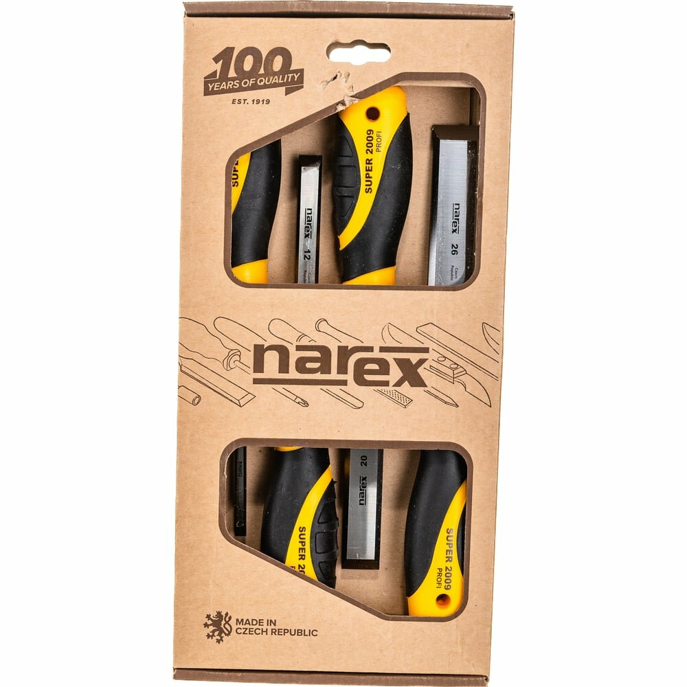 Набор из 4 плоских стамесок с ручкой NAREX SUPER 2009 LINE PROFI 6, 12, 20, 26 мм 860600