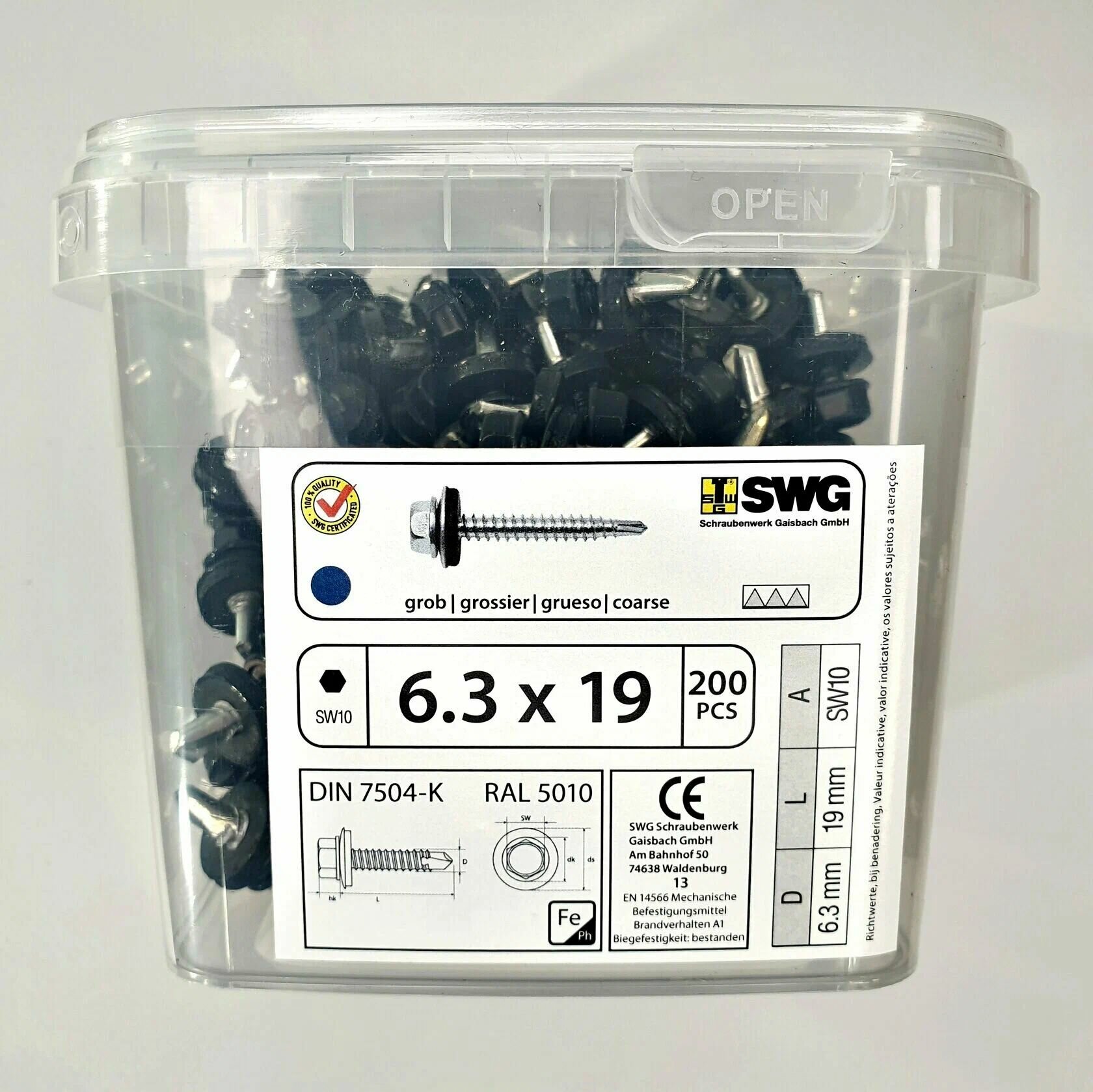 Саморез по металлу DIN 7504-K RAL 5010 6.3x19 (200pcs) SW10 SWG, германия