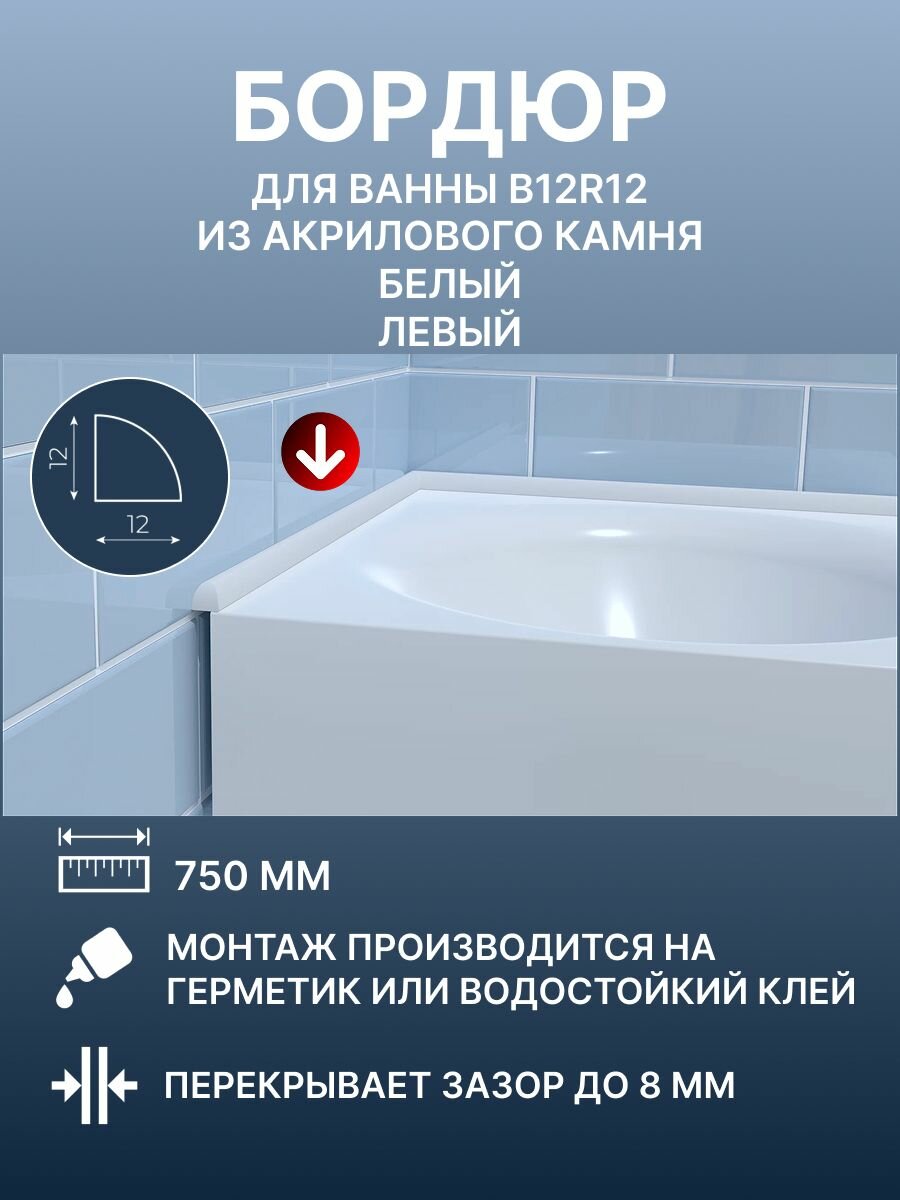 Бордюр акриловый универсальный профиль Волшебная палочка B12 R12 750*12*12 мм Белый Глянец 20% левый