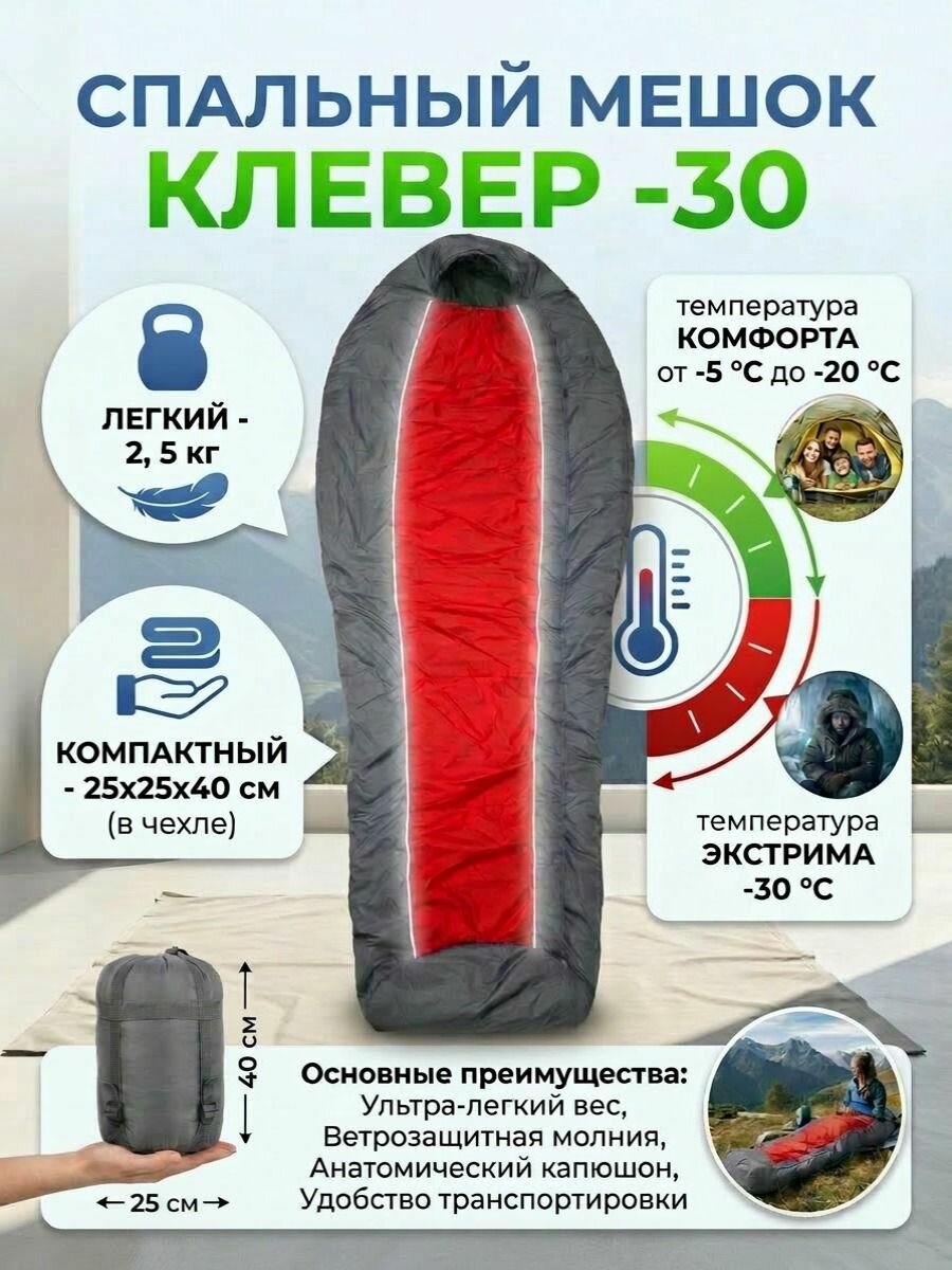 Спальный мешок теплый зимний туристический -30/-20/-5 Клевер, легкий, широкий