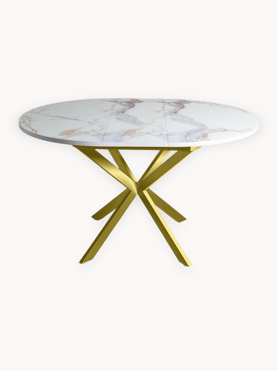 Стол кухонный обеденный раздвижной круглый стеклянный 90 см (овальный до 120 см) бежевый мрамор золотые ножки