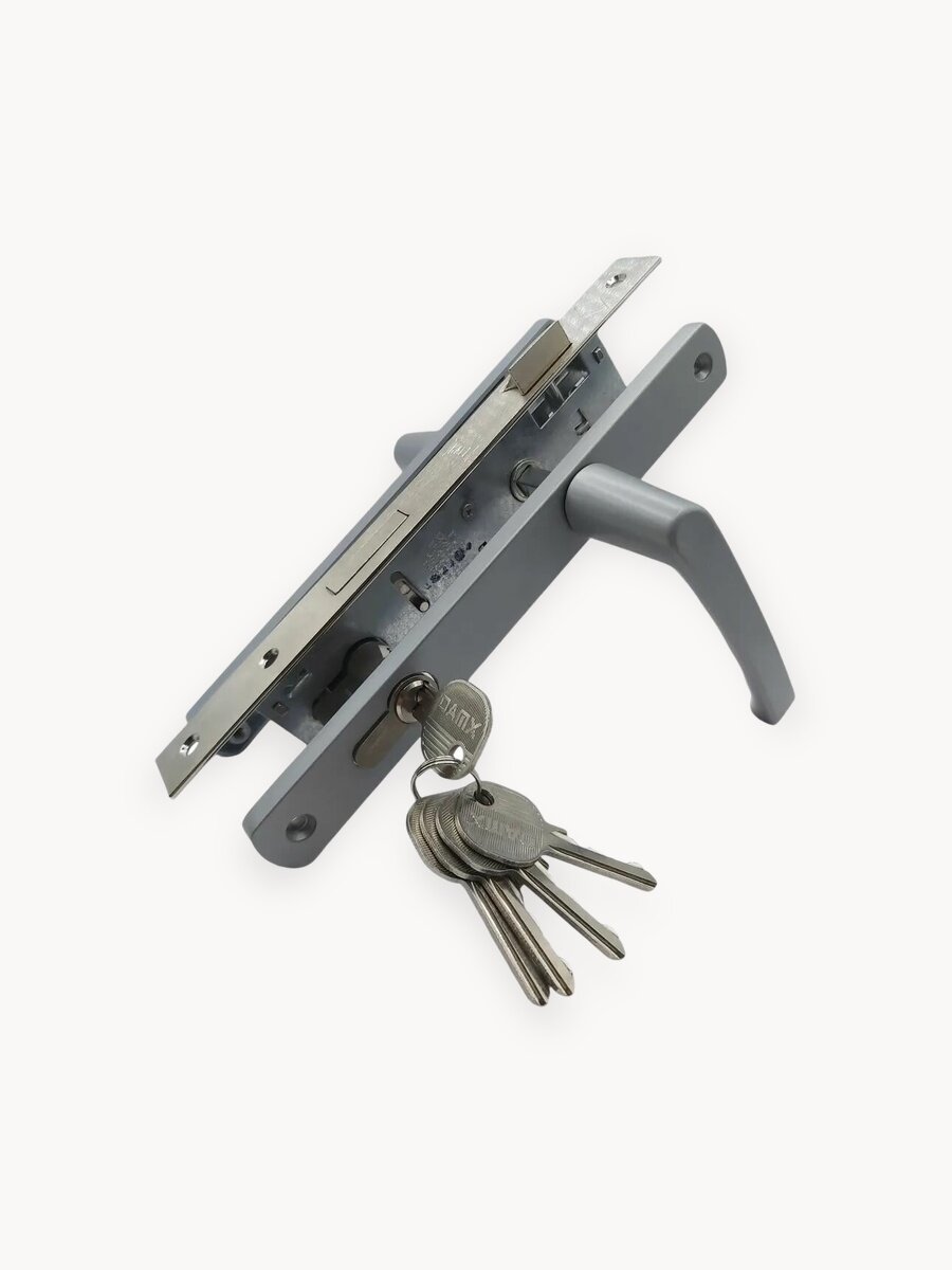 Замок узкопрофильный с ручками и цилиндром 20 мм для Калиток, дверей ПВХ Серый