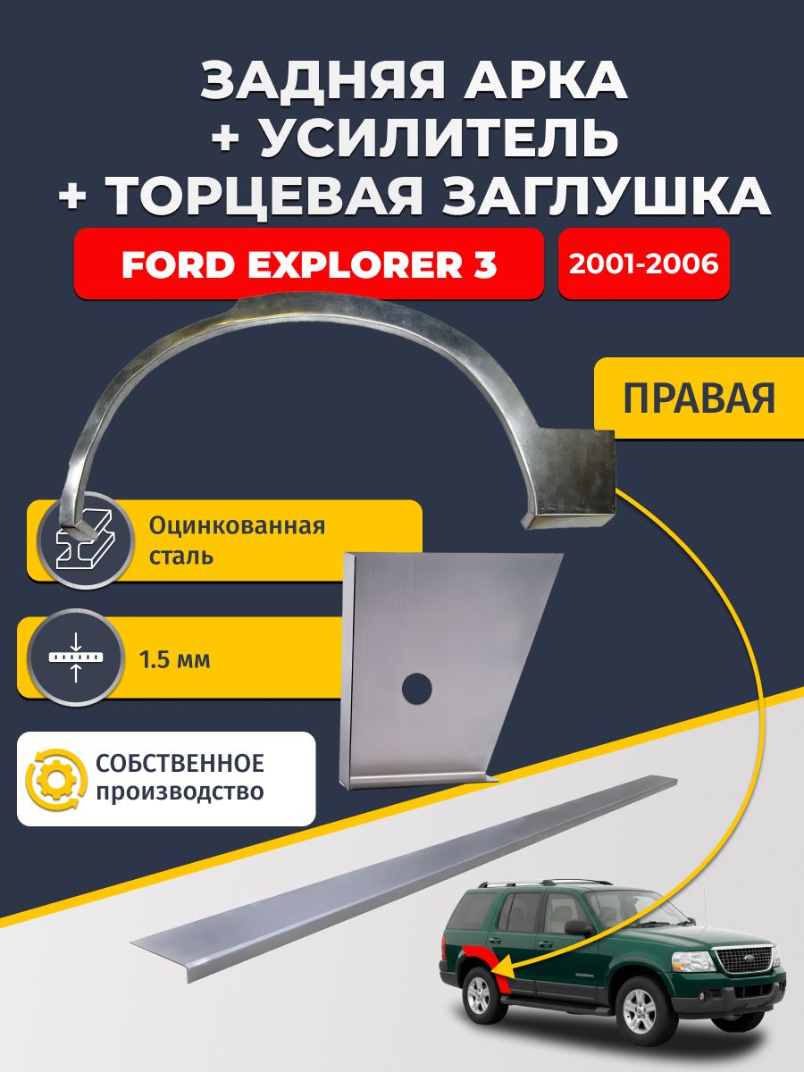 Правая ремонтная задняя арка (0,8 мм) + торцевая заглушка (1,5 мм) + усилитель (1,5 мм) на Ford Explorer 3 2001-2006 (Форд Эксплорер 3). Оцинкованная сталь
