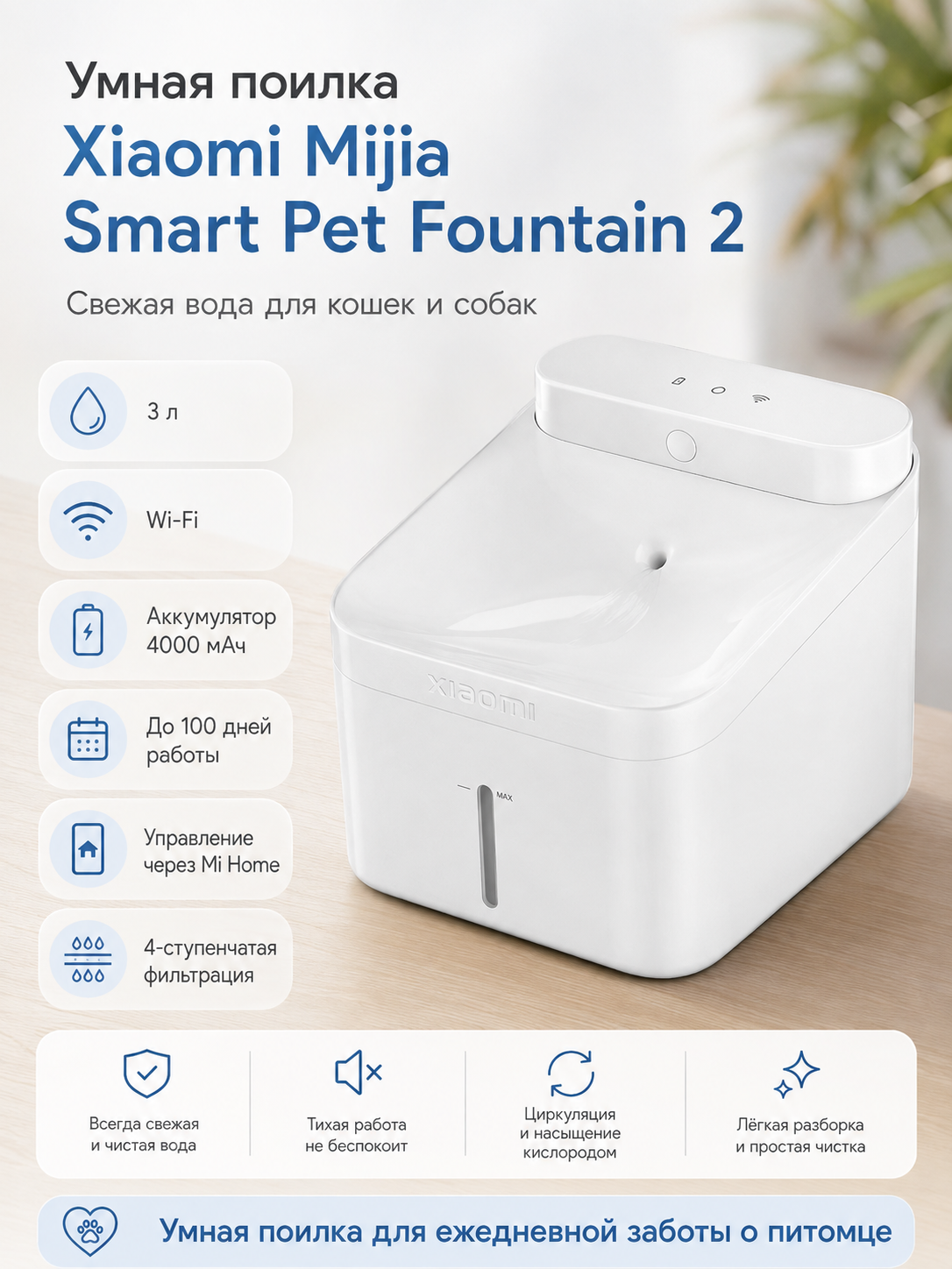 Умная поилка Xiaomi Mijia Smart Pet Fountain 2 для кошек и собак, 3 л, Wi-Fi, аккумулятор 4000 мАч, Mi Home, белая
