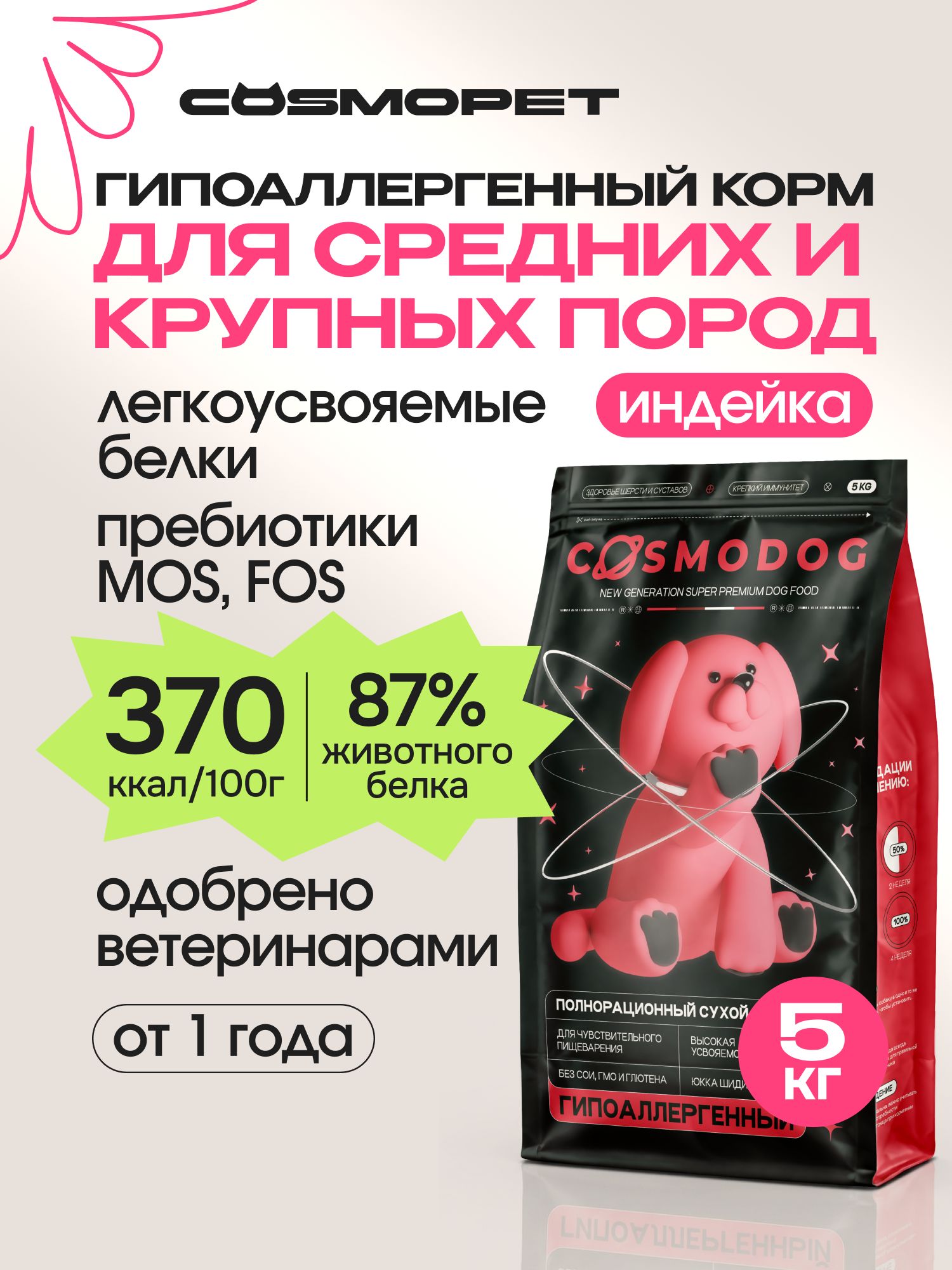 Сухой корм с индейкой для собак средних и крупных пород Cosmodog, гипоаллергенный, холистик, 5 кг от Cosmopet