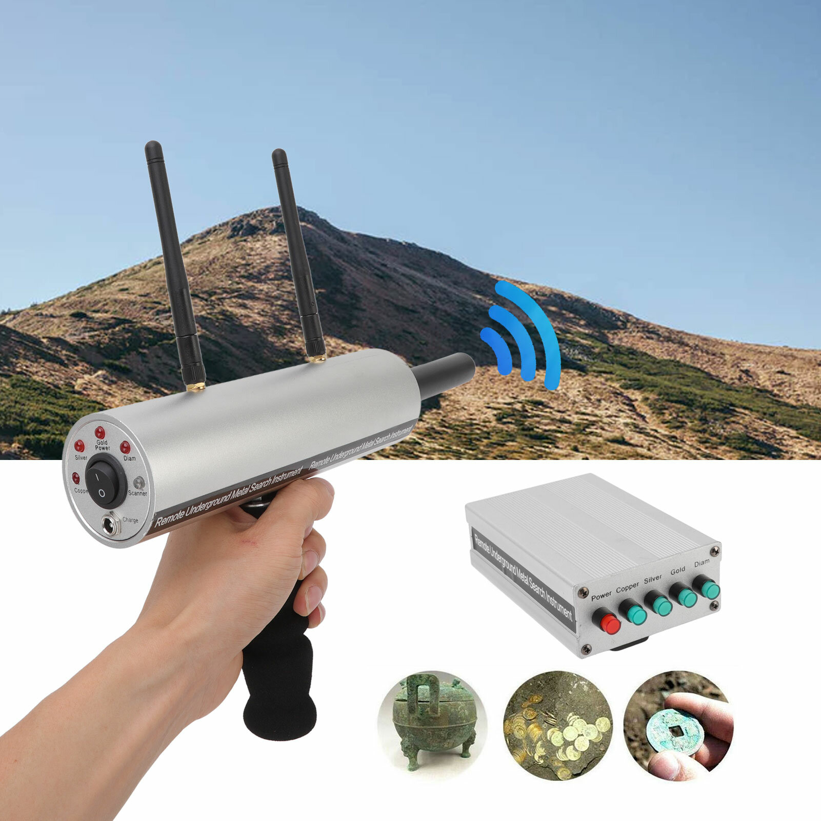 Металлоискатель Алюминий Серебристый Глубина 20 м 1000 м Область применения 2 антенны Перезаряжаемый детектор для золотого и серебряного цвета 100 240 В, вилка стандарта Великобритании