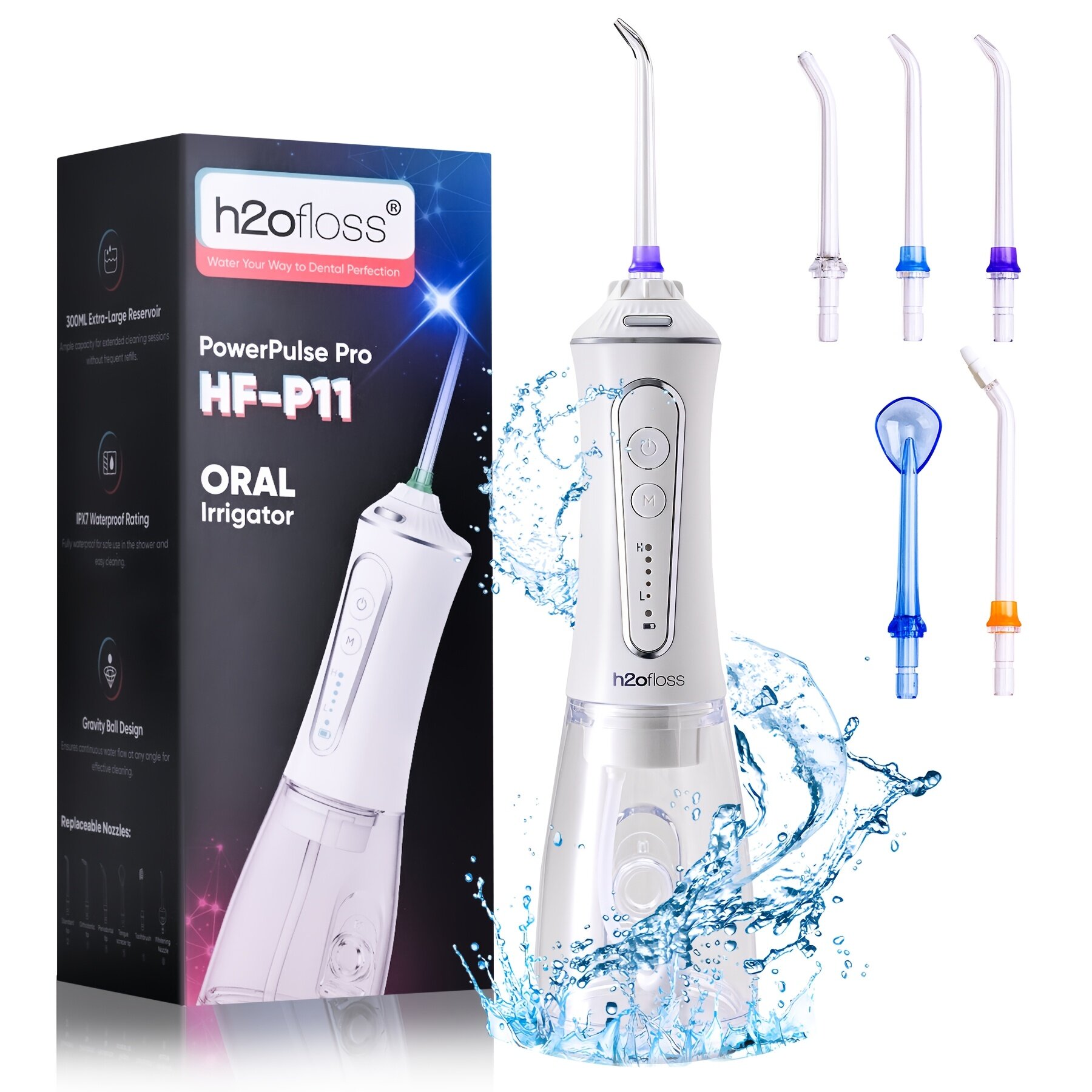 Ирригатор для полости рта H2ofloss, 5 насадок, беспроводной, 10.14 унций, 5 режимов, портативный и перезаряжаемый, белый