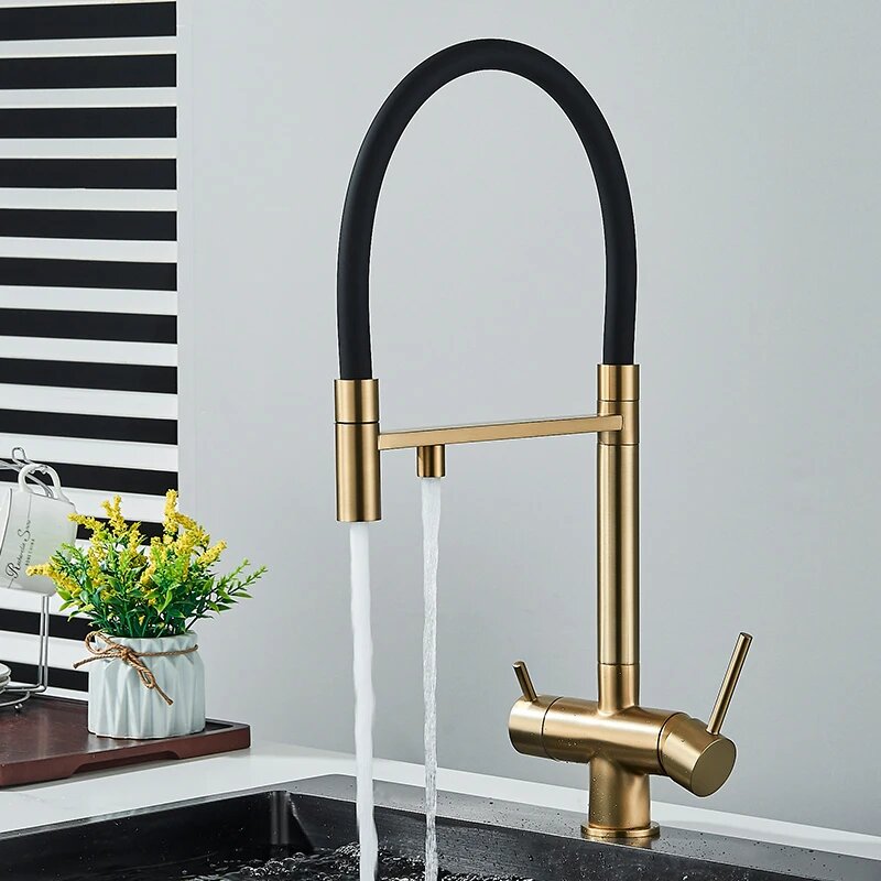 Смеситель для кухни Saeuwtowy латунный с двойной ручкой 360°, Brushed Golden