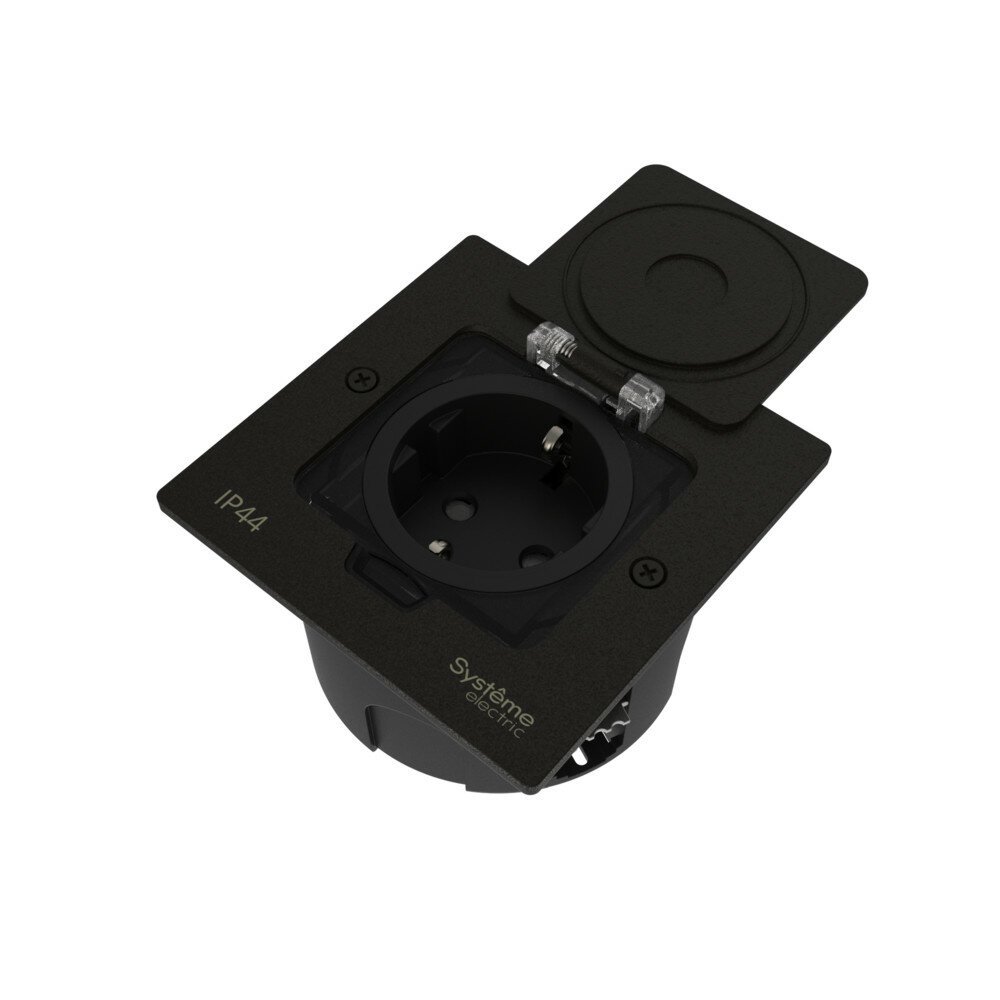 Systeme Electric MultiDesk Чёрный матовый Лючок с розеткой 2К+З, 16А/250В, IP44 с монтажной коробкой для стены, фальшпола, стола , тип MDK21, MDK21102MBA
