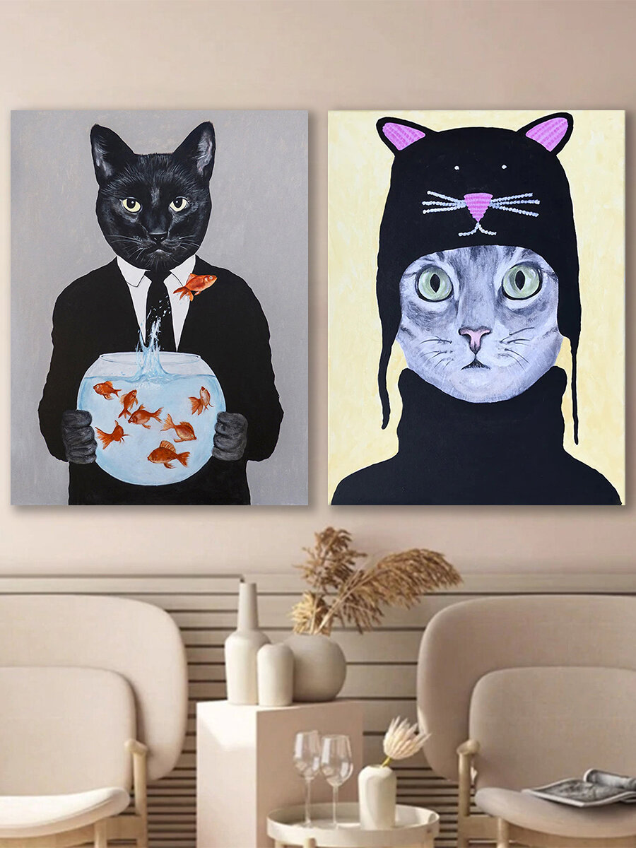 Модульные картины на стену / диптих - "Забавные котики", картина 2 шт, модуль 40х60 см