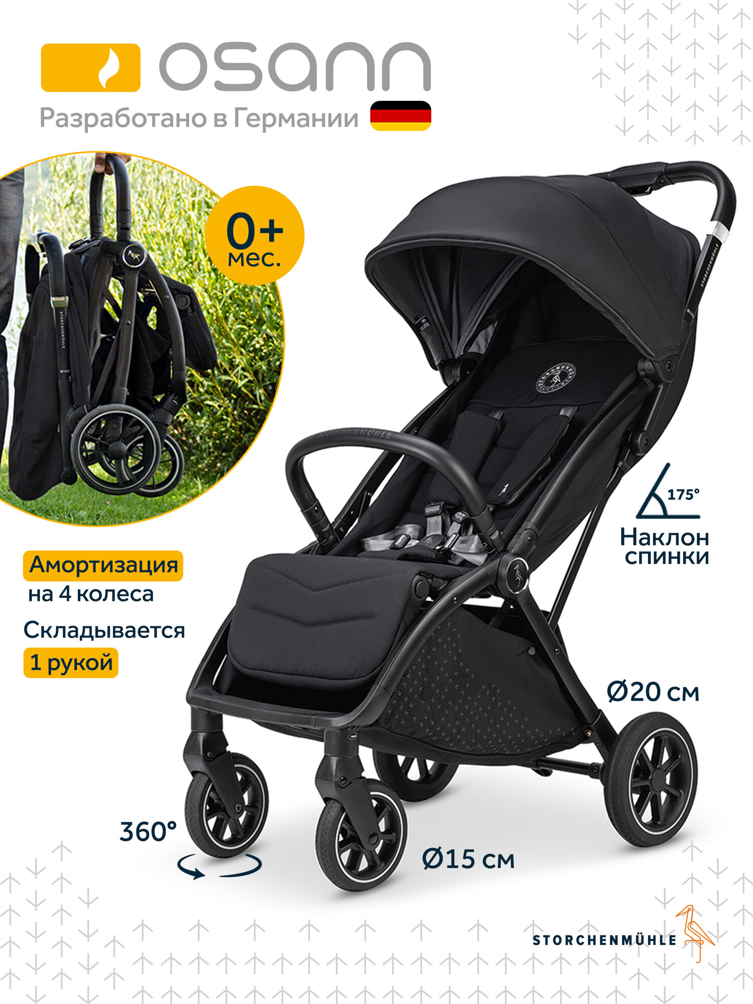 Коляска прогулочная детская Storchenmuhle by Osann Niko Onyx, для новорожденных и детей до 22 кг