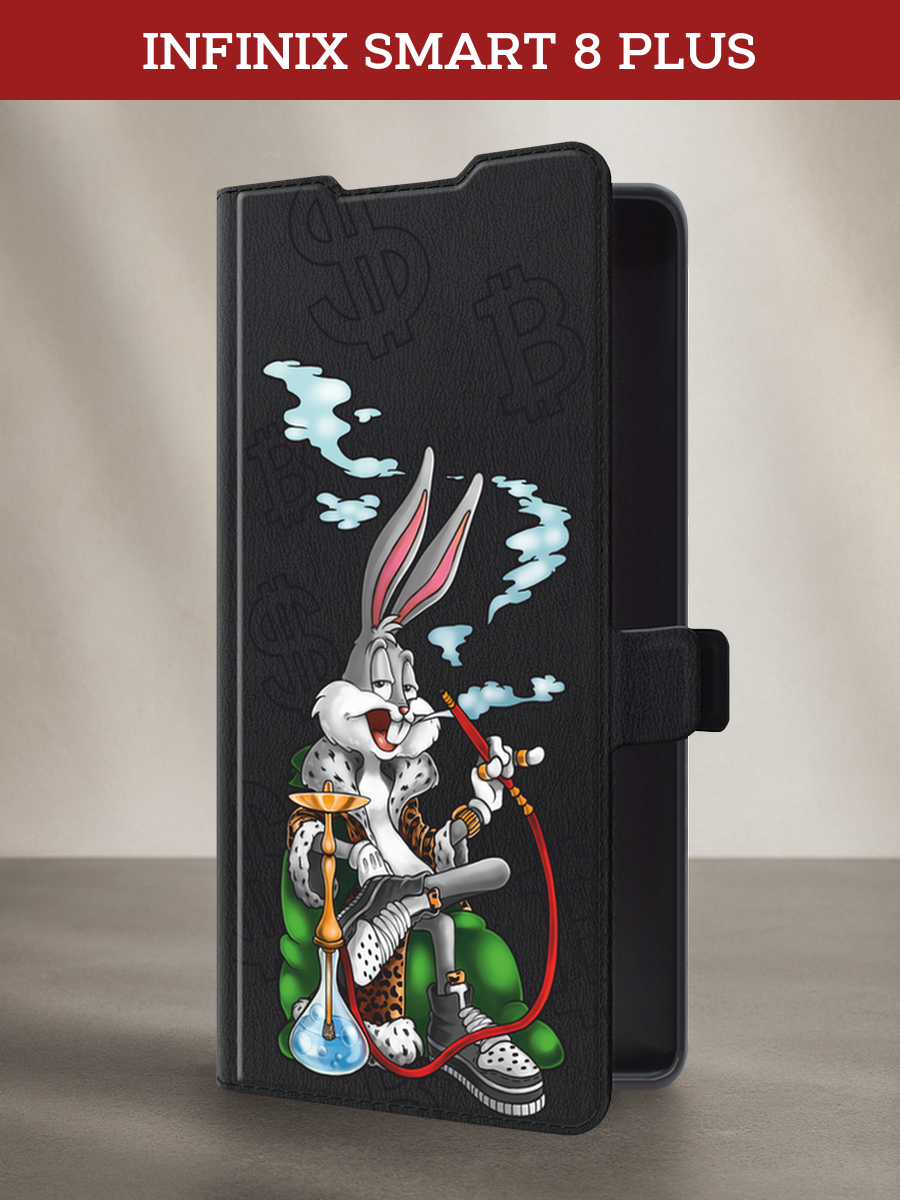 Чехол-книжка на Infinix Smart 8 Plus / Инфиникс Смарт 8 Плюс с принтом Багз Банни с кальяном, черный