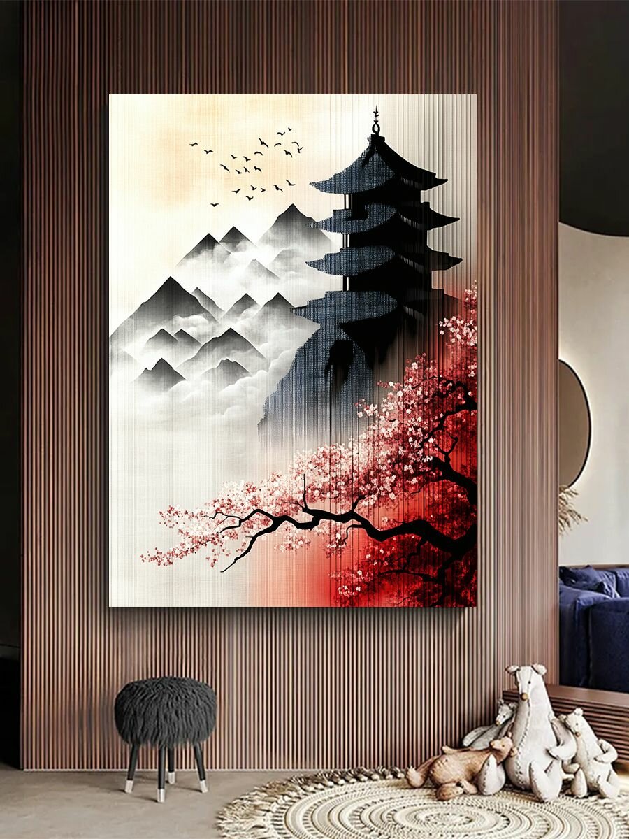 Картина интерьерная на стену - "Пейзаж в японском стиле / гора Фудзи и сакура" , 60х80 см.