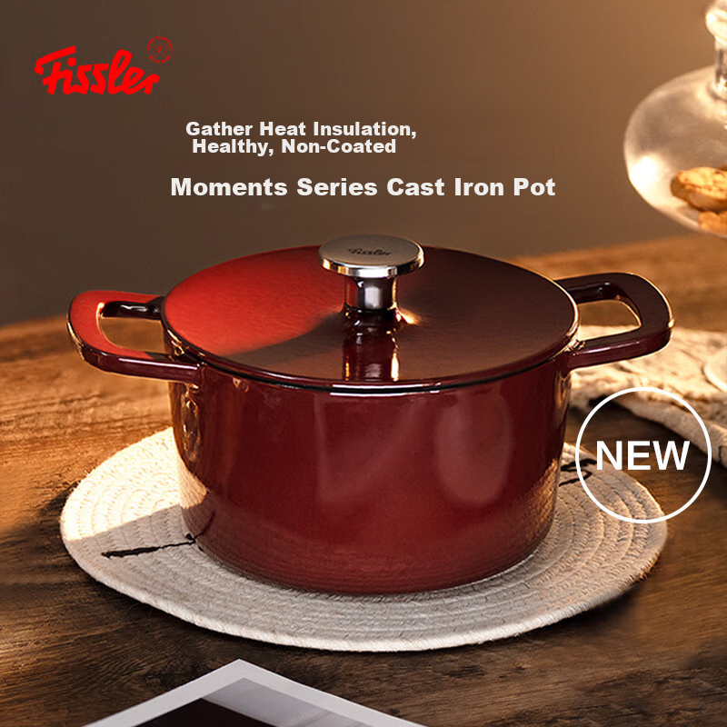 Fissler German Moments Cast Iron Pot Stew Pot Small Soup Pot for Home Use, 20cm Cast Iron Pot - Burgundy Red